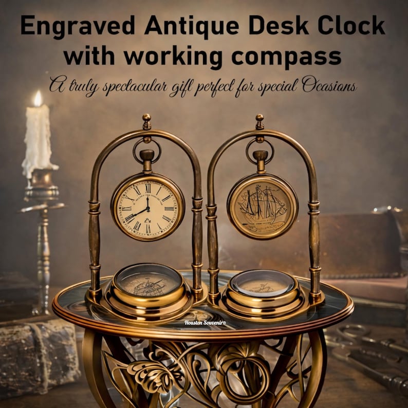 Antique Brass Nautical Table Clock With Compass | Vintage Maritime Ship ...
