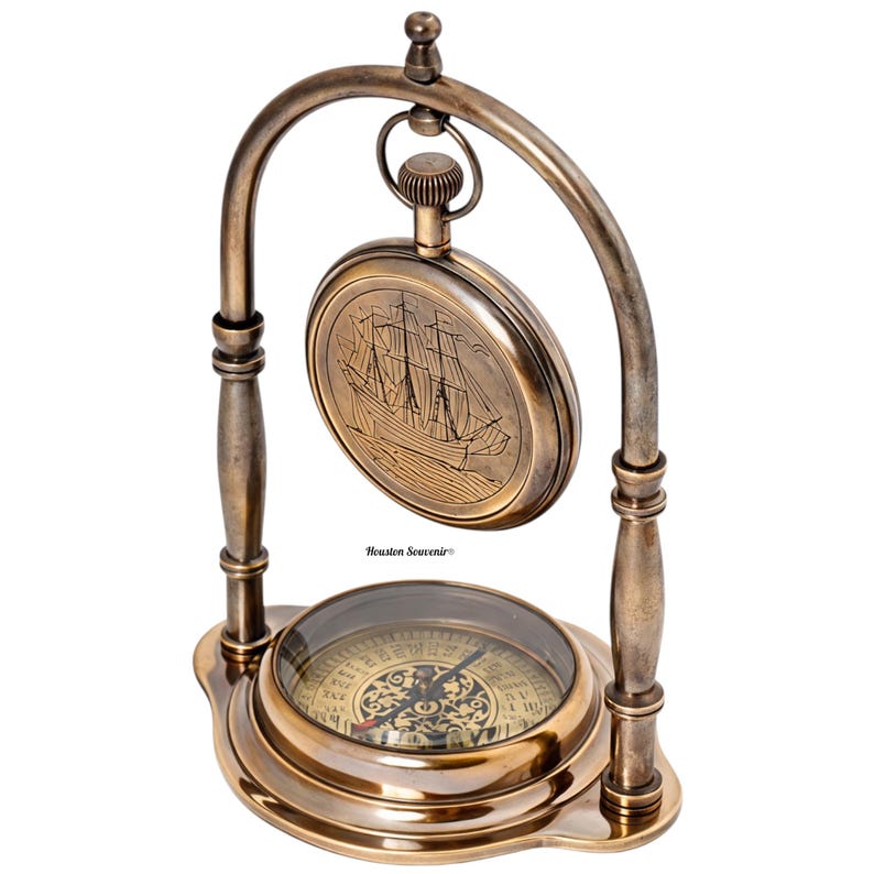 Antique Brass Nautical Table Clock With Compass | Vintage Maritime Ship ...