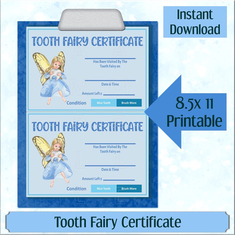Printable Blue Tooth Fairy Certificate for Boys or Girls, Tooth Fairy ...