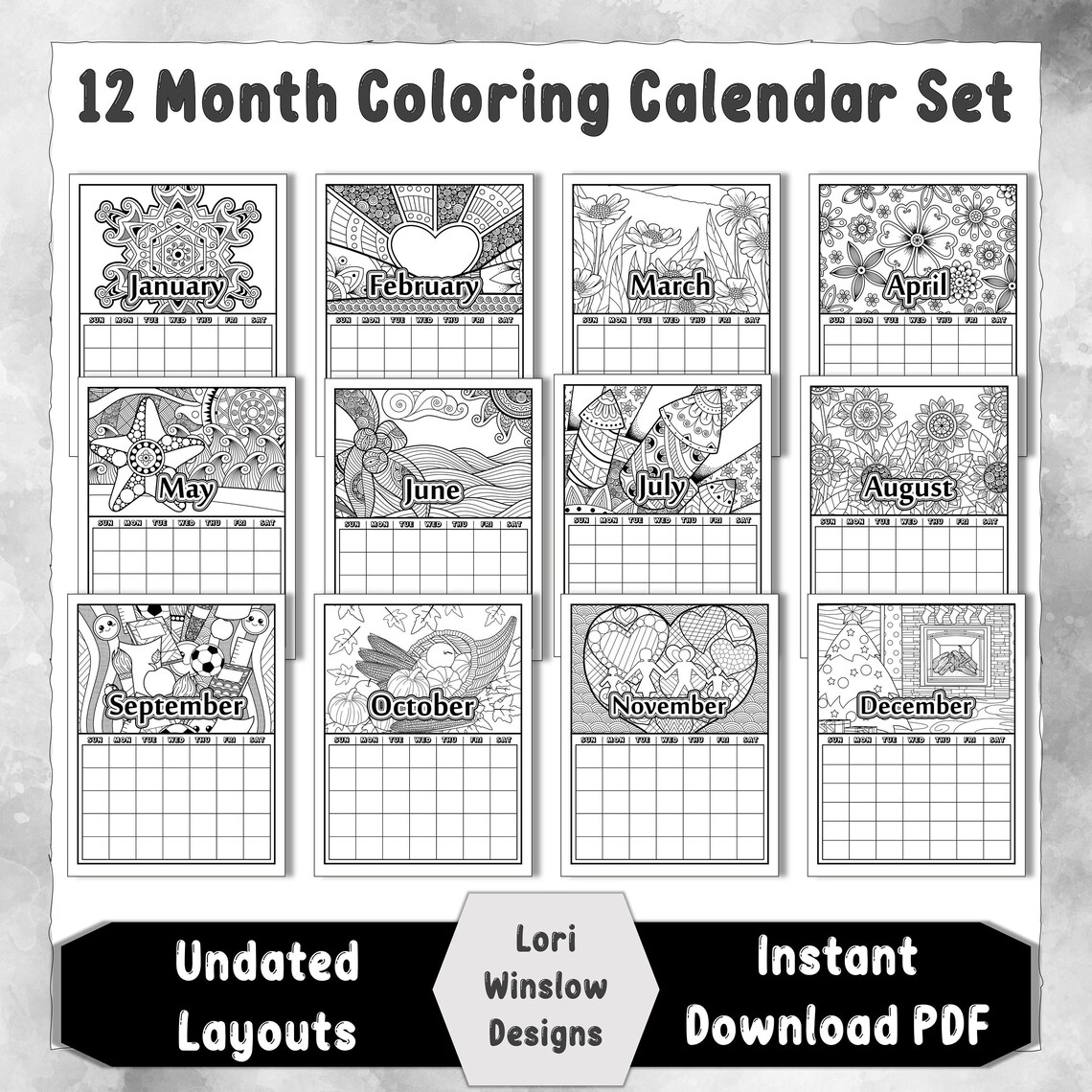 12 Month Coloring Calendar 12 Unique Monthly Designs - Etsy