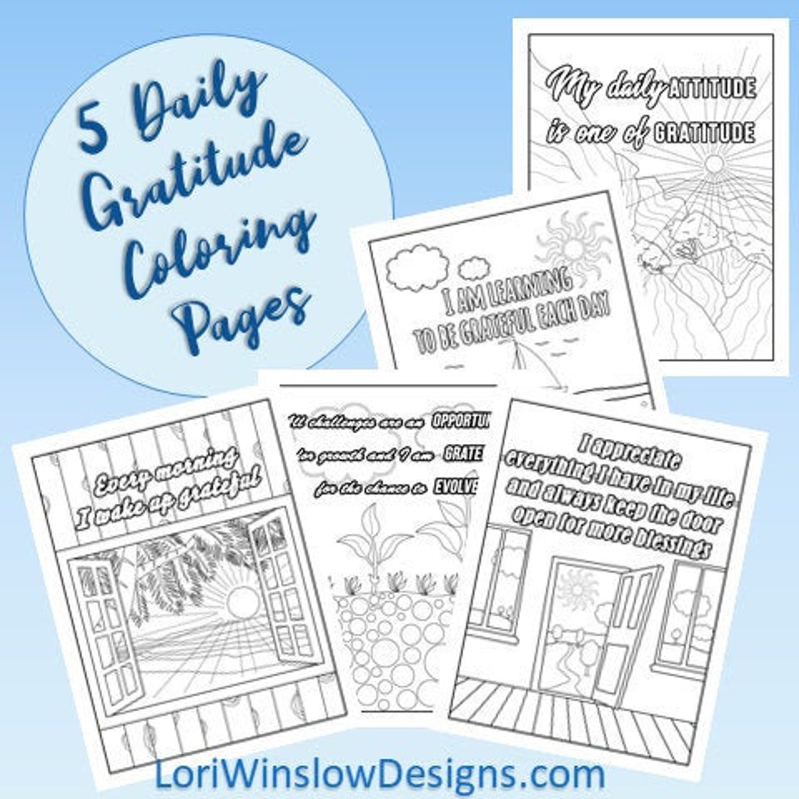 Daily Gratitude Adult Printable Coloring Pages 5 Designs Instant ...