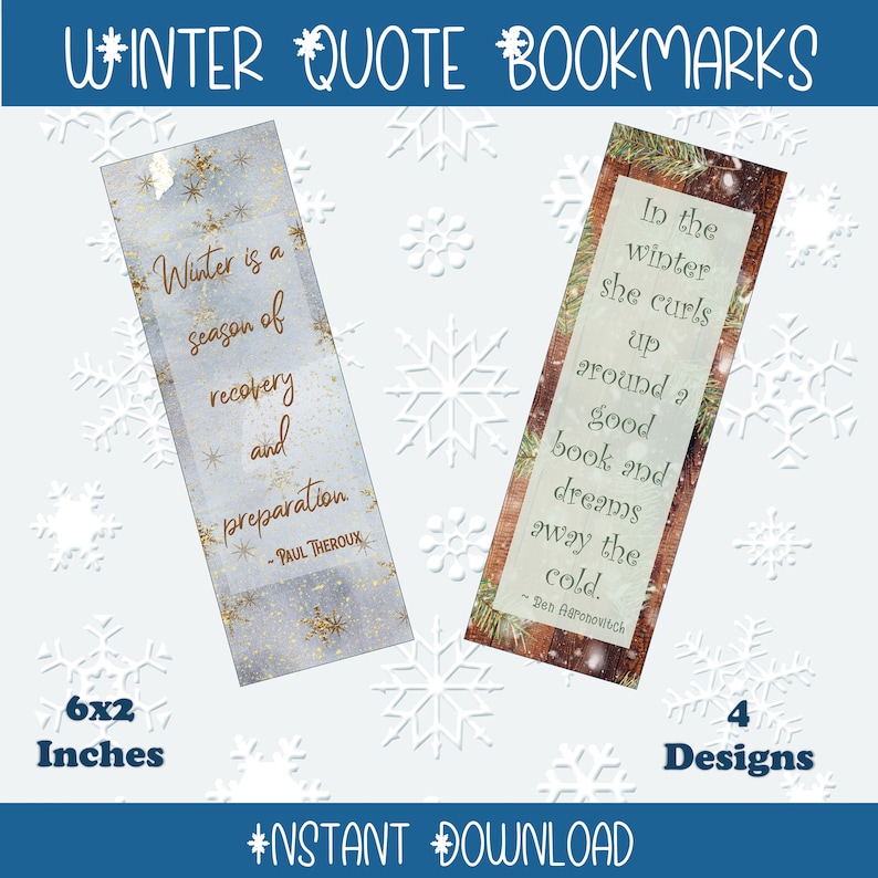 Printable Winter Quotes Bookmarks Set of 4 Book Lover Gift Instant ...