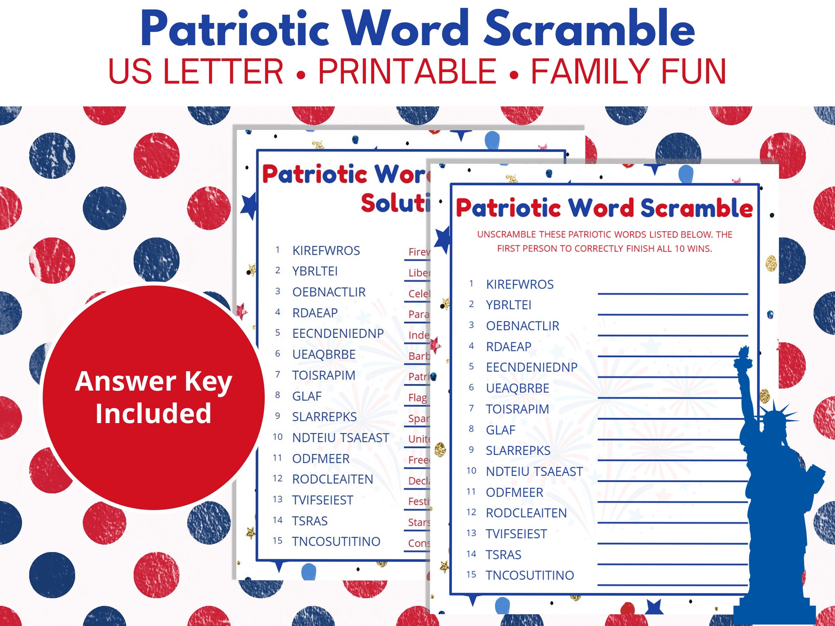 Patriotic Word Scramble Printable Game, Birthday Party, Memorial Day ...
