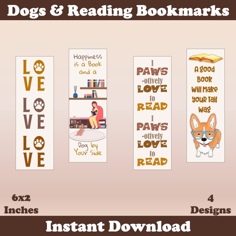 Printable Dogs & Reading Bookmarks Set of 4 Book Lover Gift Instant ...