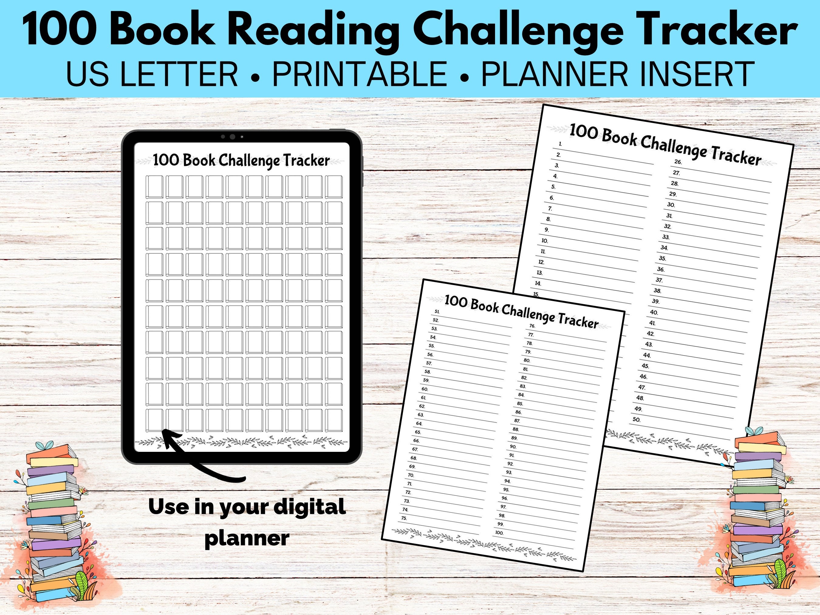 100 Book Reading Challenge Tracker Printable, Book Tracker List, Bonus ...