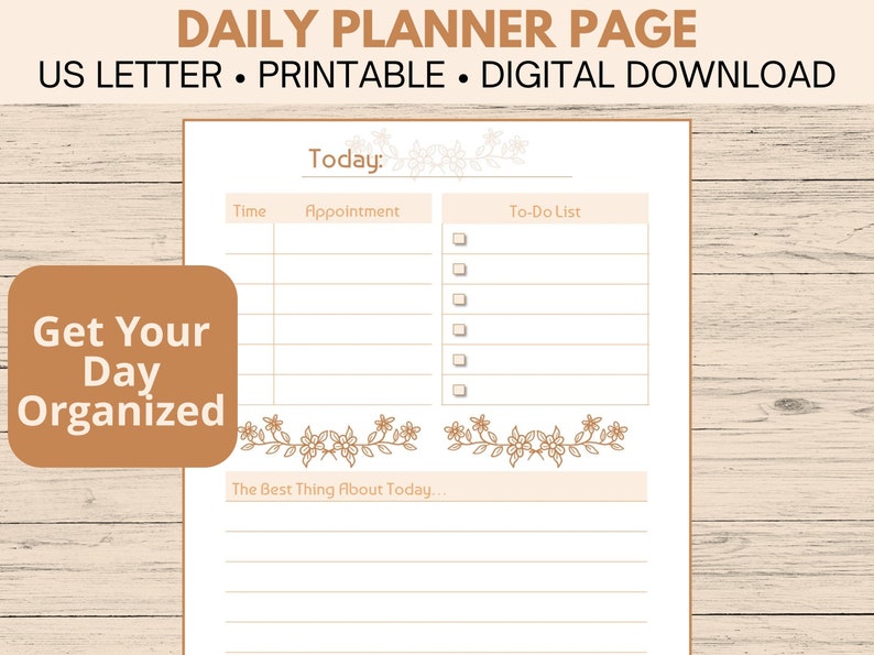 Daily Planner Page Printable, Minimal Boho Floral, Organize Day ...