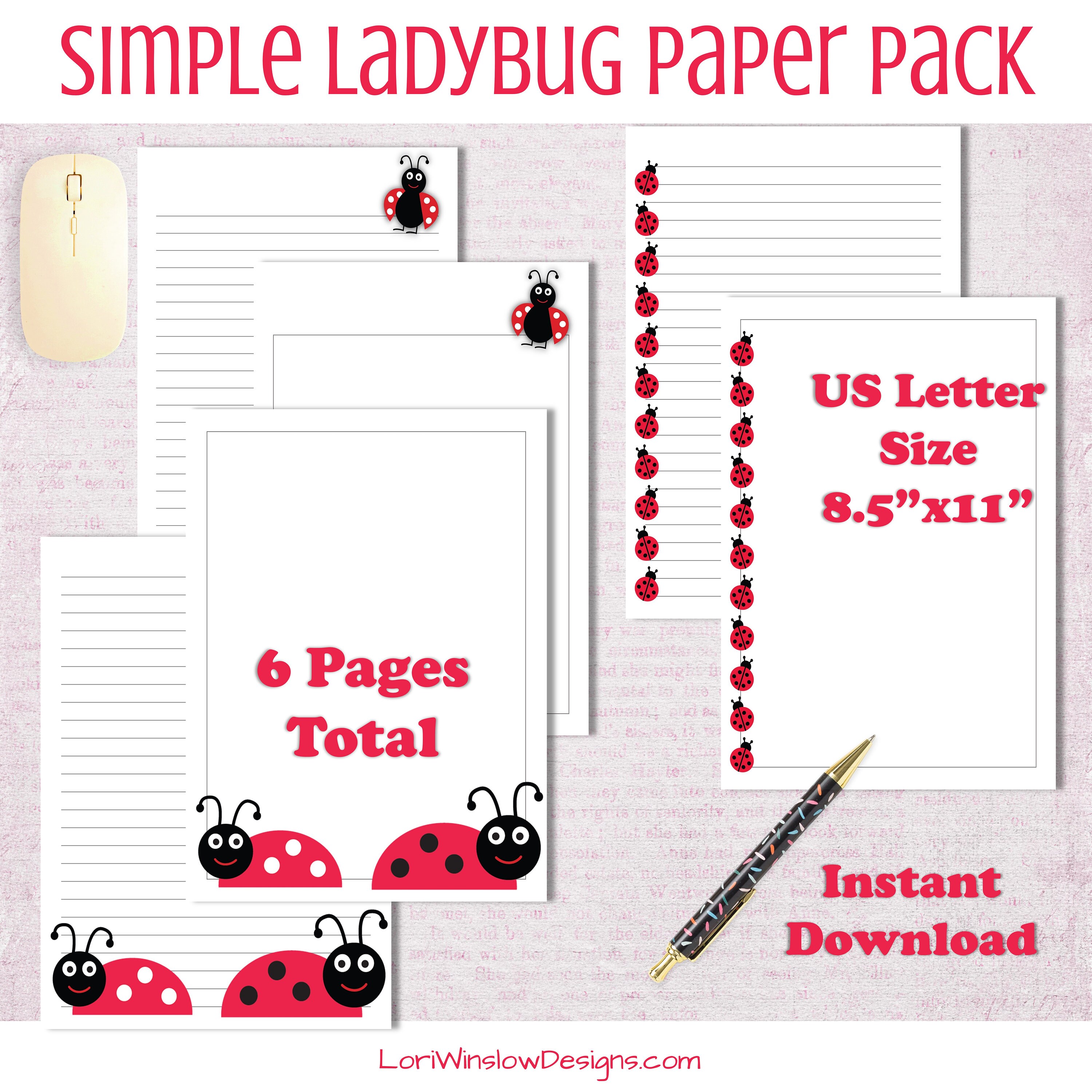 Simple Ladybug Printable Paper Set Stationary and Doodle Paper 3 Lined ...