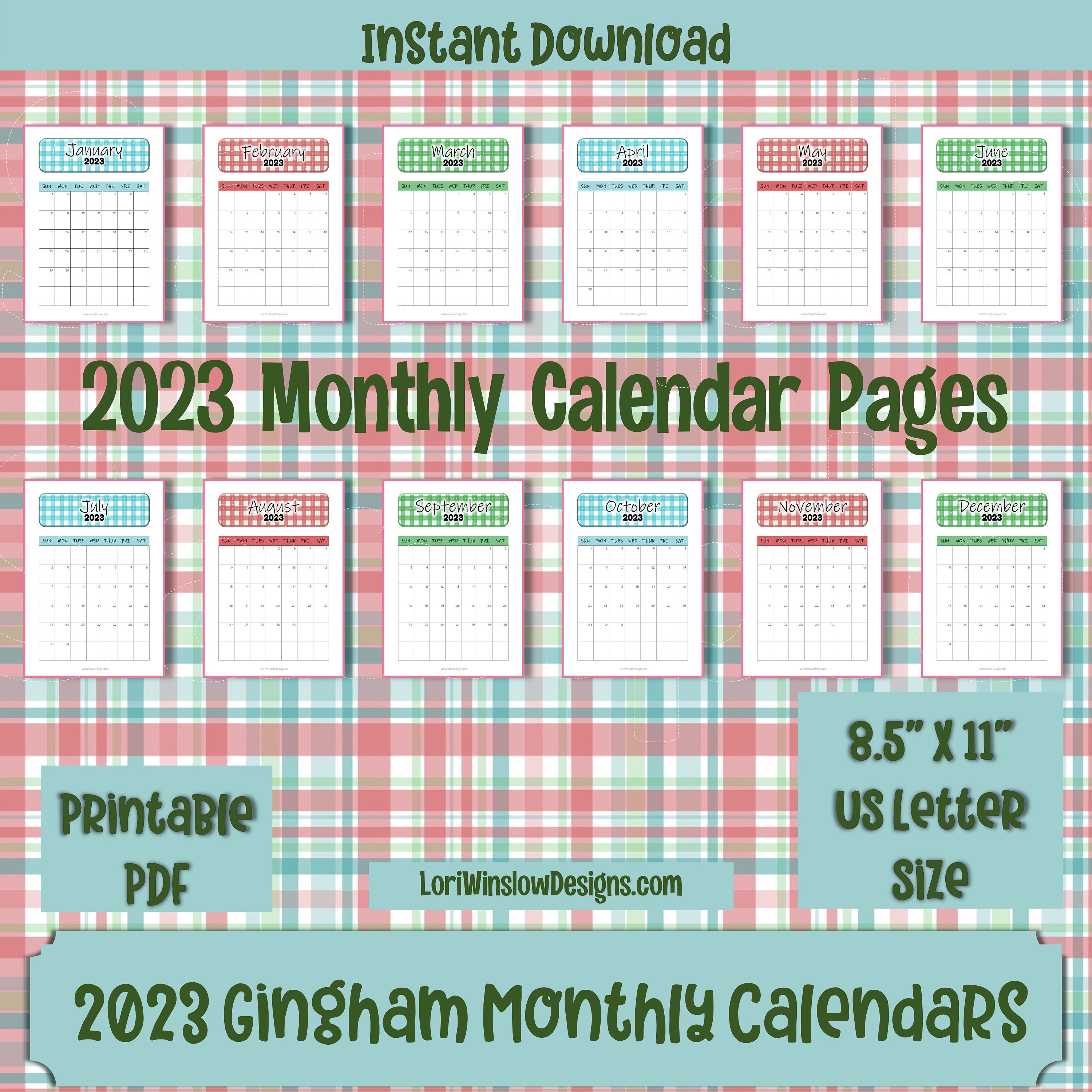 2023 Gingham Printable Monthly Dated Calendar Farmhouse - Etsy