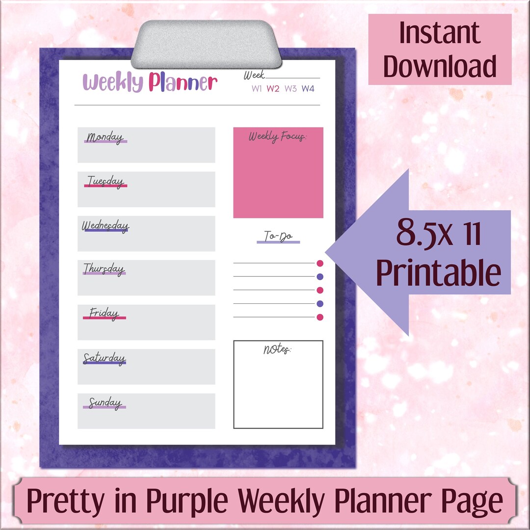 Pretty in Purple Weekly Printable Planner Page Insert, Monday Start ...