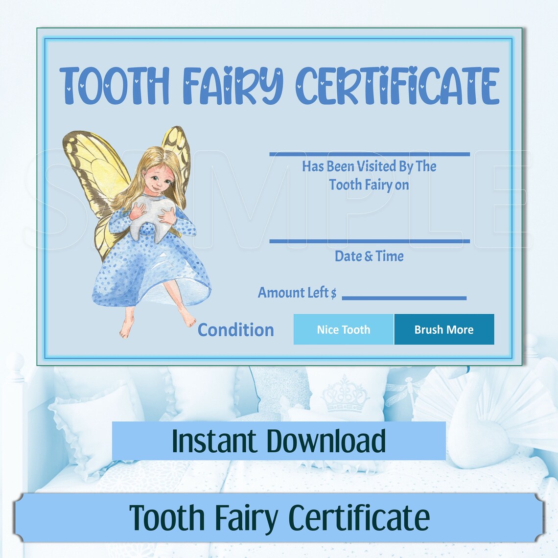 Printable Blue Tooth Fairy Certificate for Boys or Girls, Tooth Fairy ...