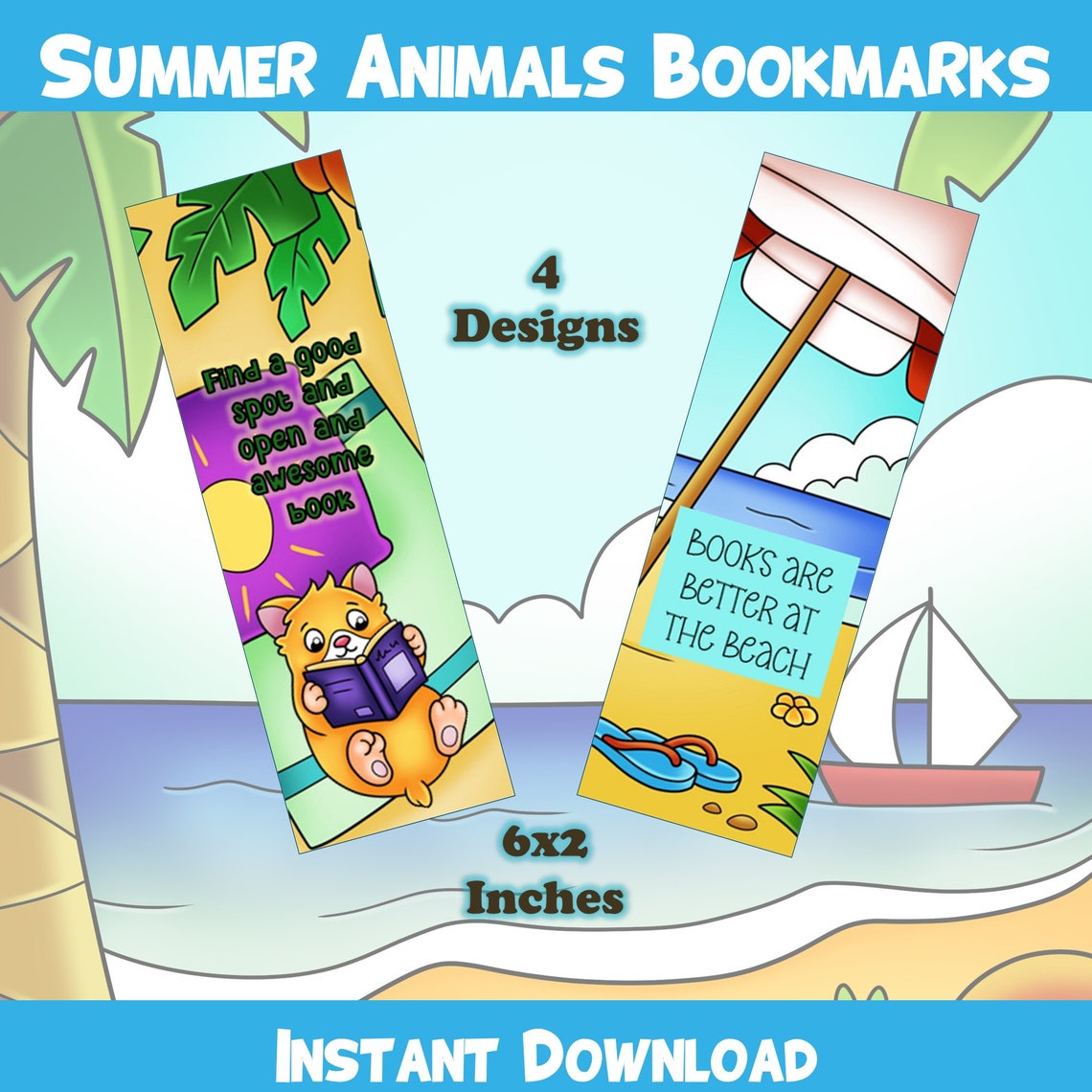 Summer Animal Reading Printable Bookmarks for Kids, Beach Reading ...