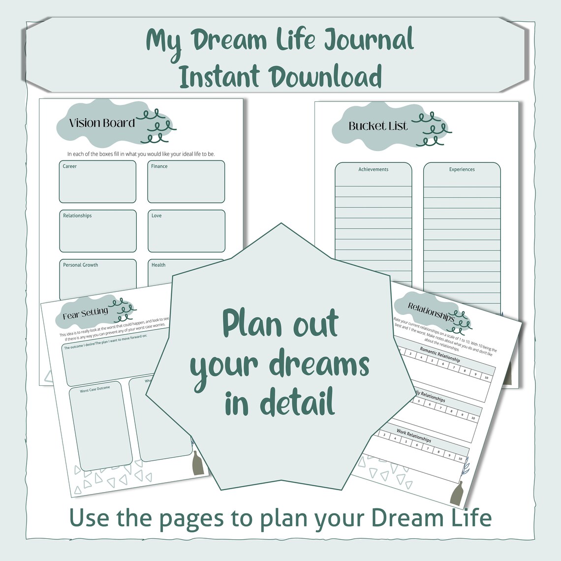 Boho Dream Life Journal Planner Pages, Wheel of Life Vision Board Manifestation Law of ...