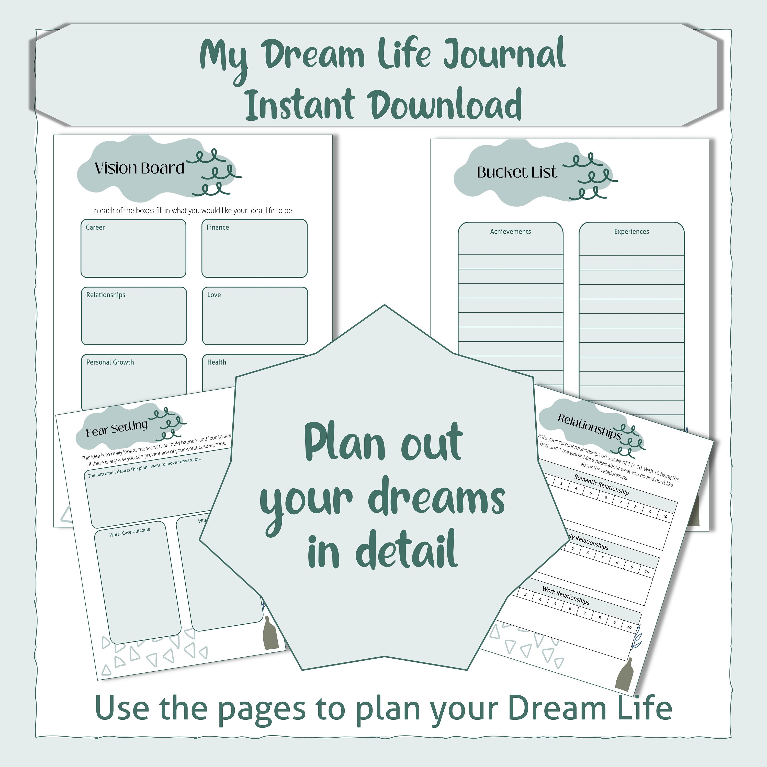 Boho Dream Life Journal Planner Pages, Wheel of Life Vision Board ...