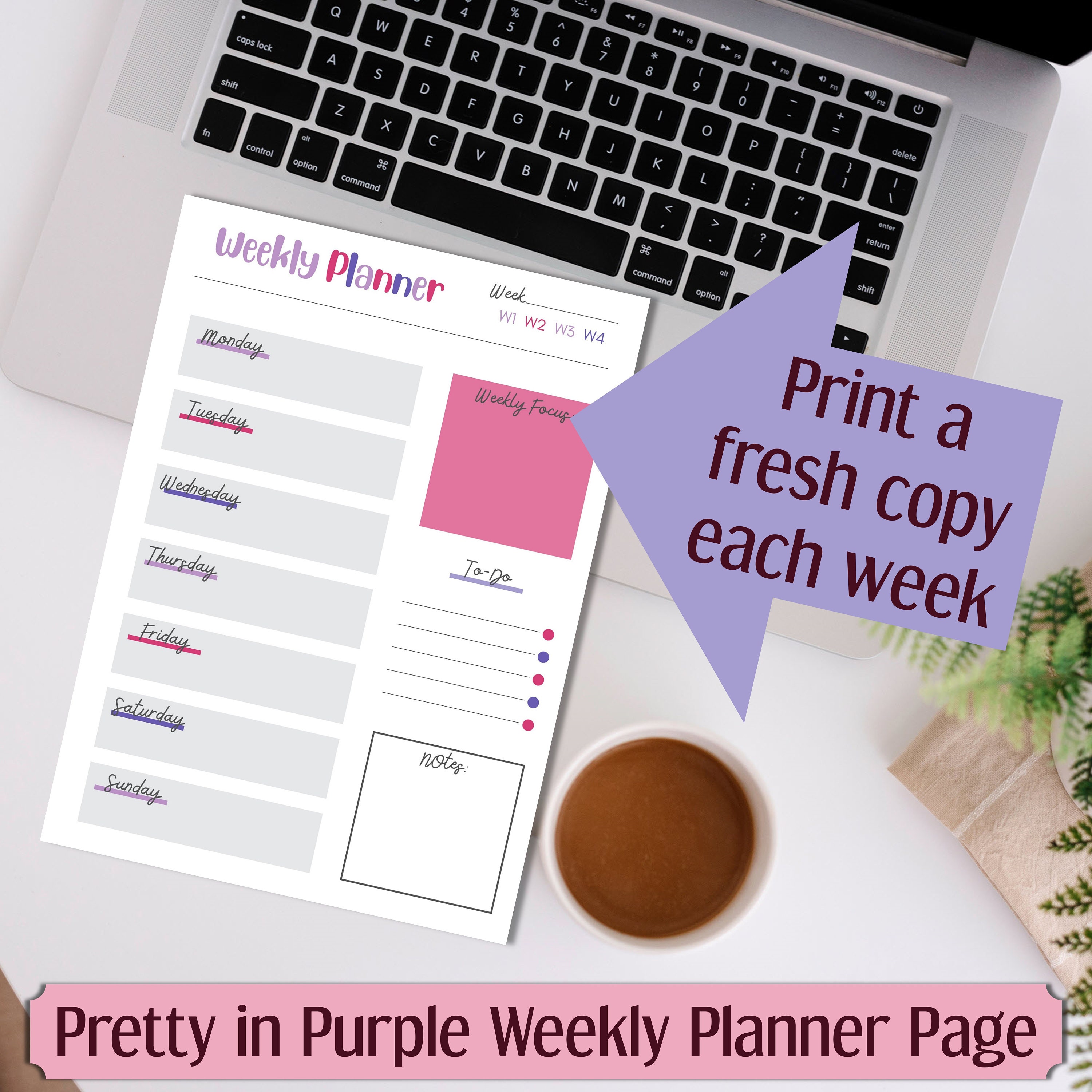 Pretty in Purple Weekly Printable Planner Page Insert, Monday Start ...