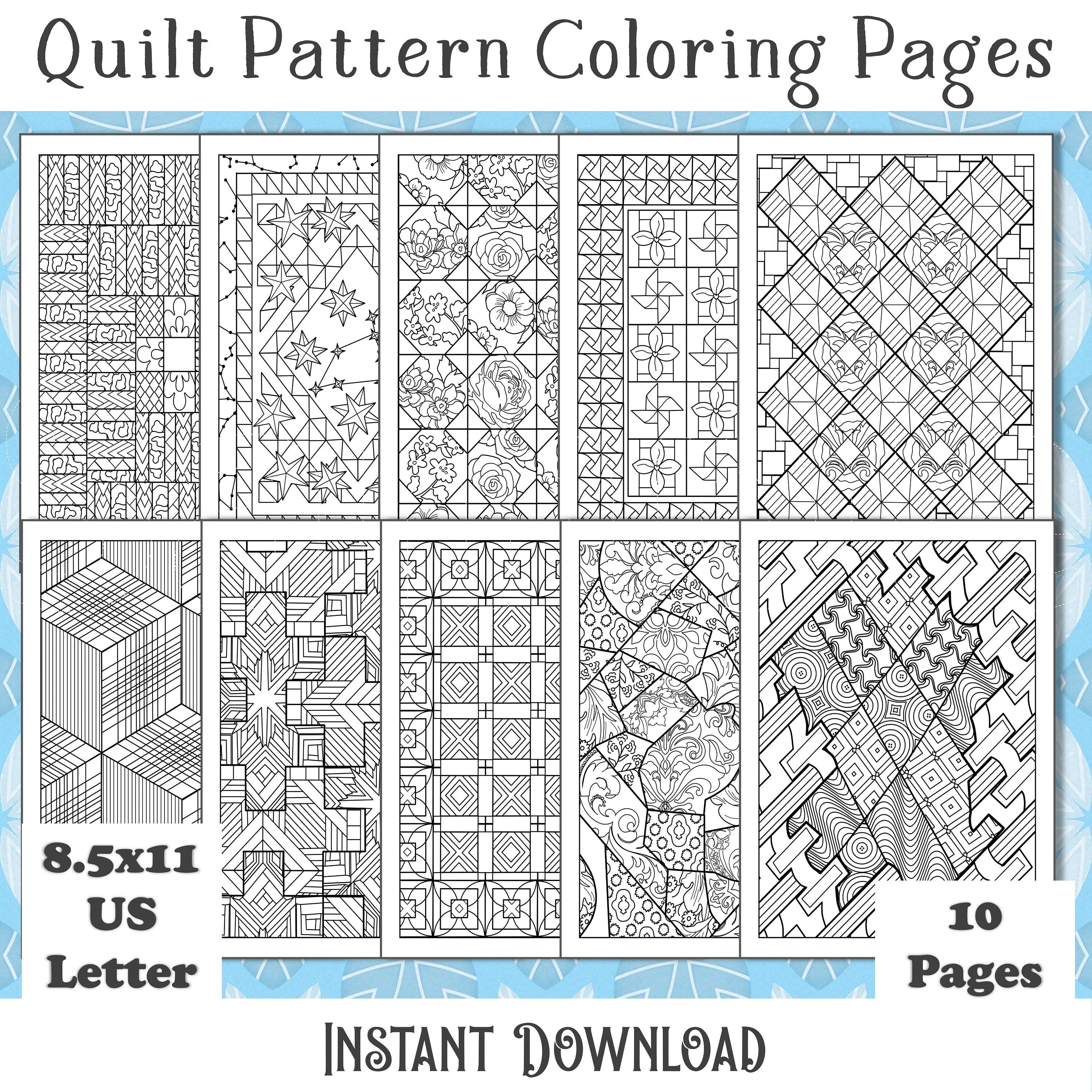 Quilt Pattern Printable Coloring Pages Adult Coloring Activity Instant ...