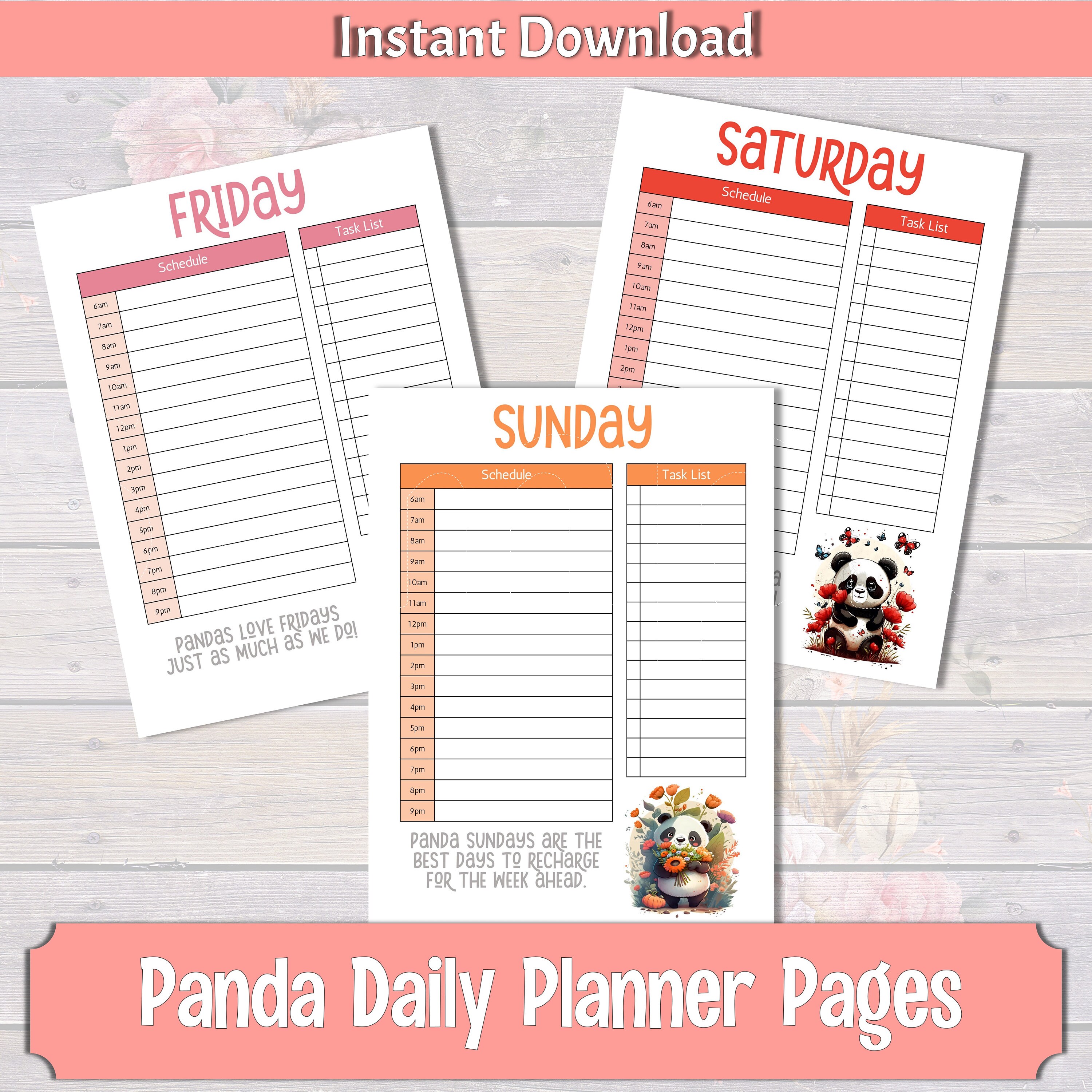 Cute Panda Daily Planner Pages Printable Inserts Hourly Appointments To ...