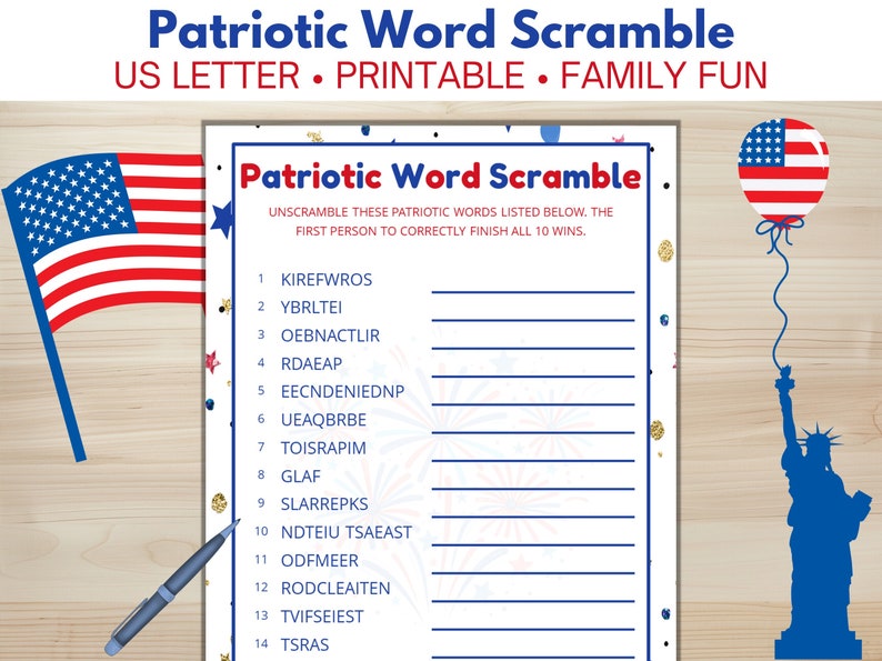 Patriotic Word Scramble Printable Game, Birthday Party, Memorial Day ...
