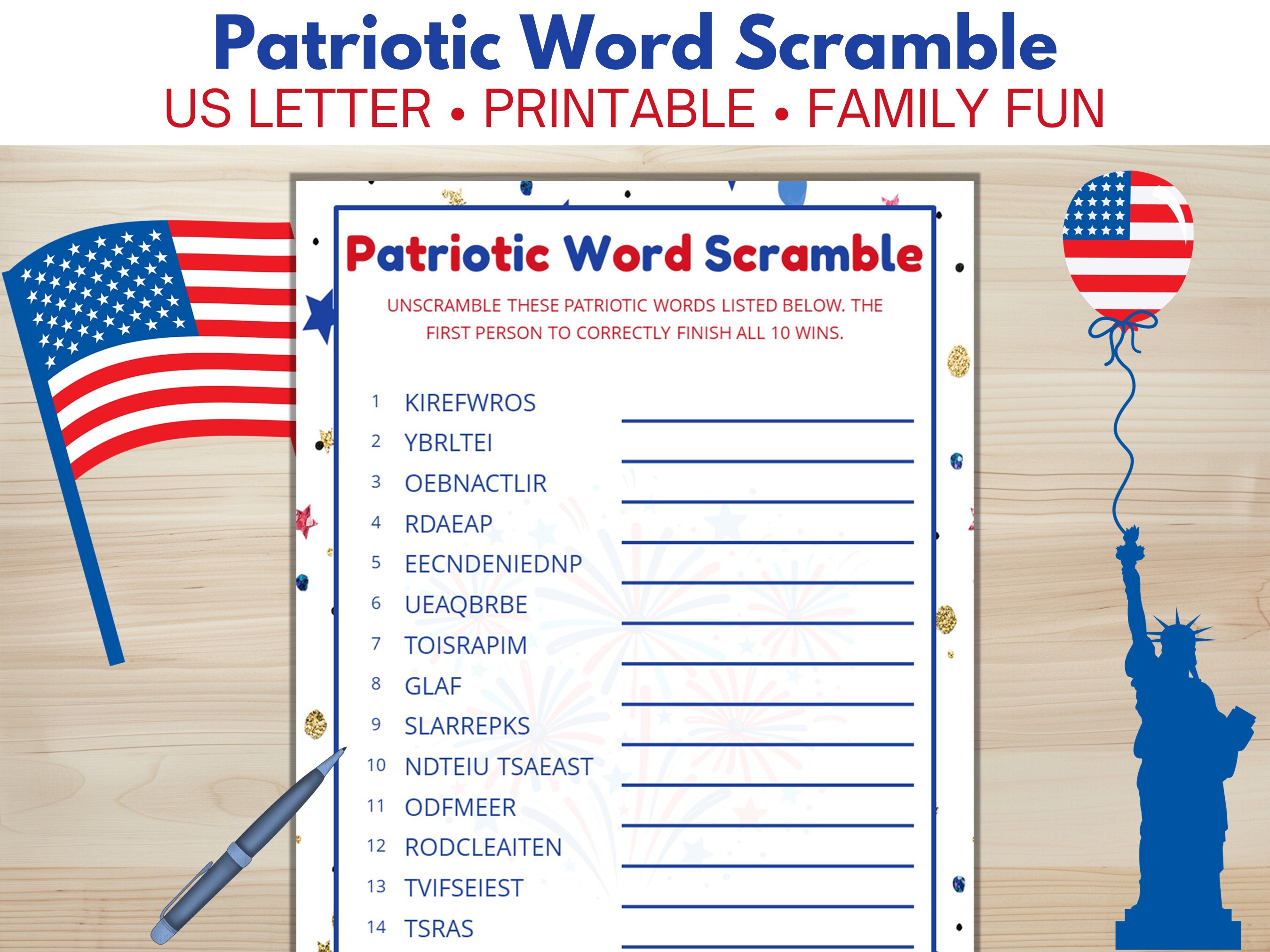 Patriotic Word Scramble Printable Game, Birthday Party, Memorial Day ...