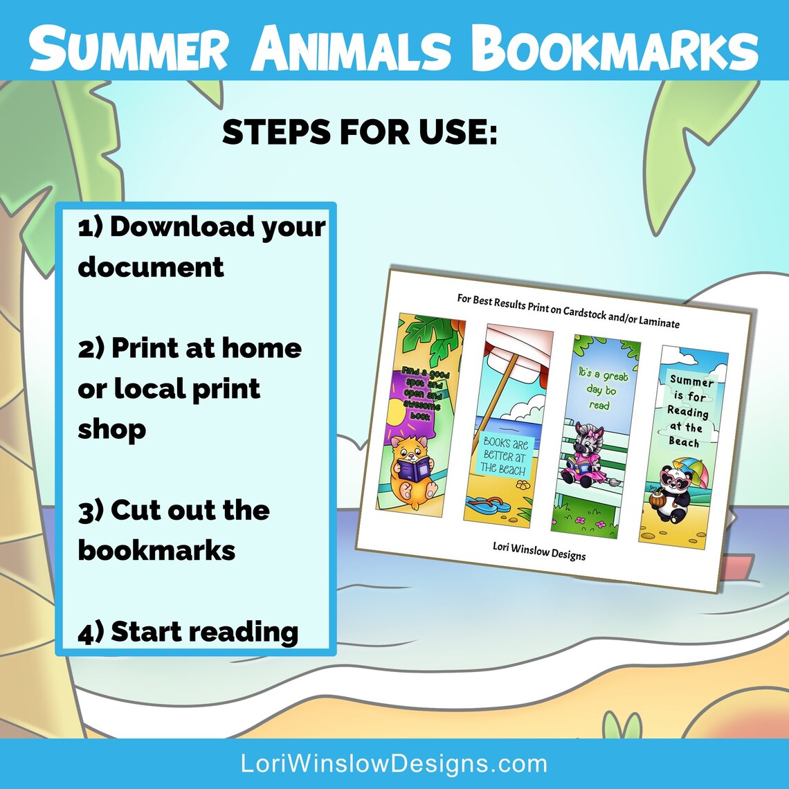 Summer Animal Reading Printable Bookmarks for Kids, Beach Reading ...