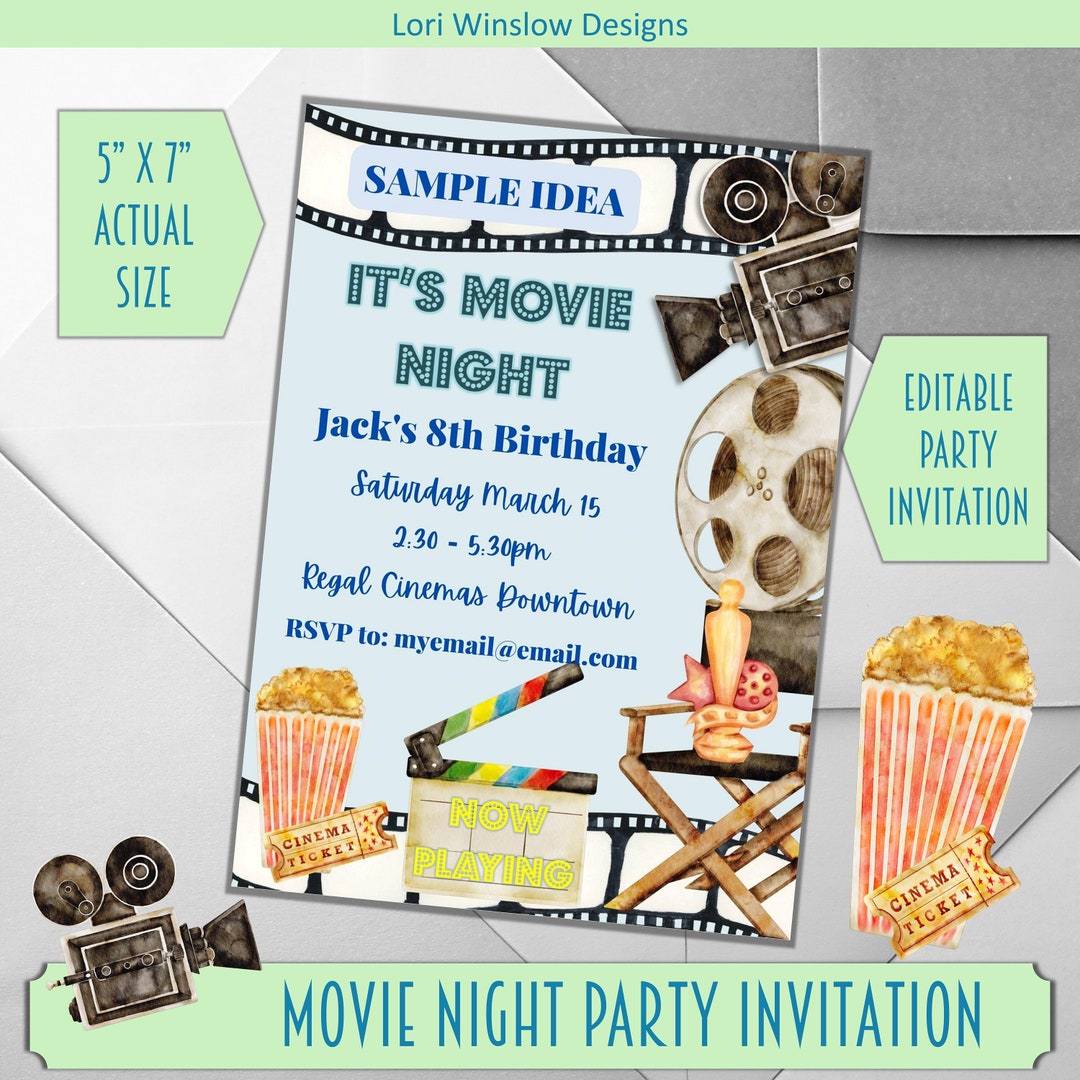 Movie Night Editable Birthday Party Invitation, Cinema Themed Event ...