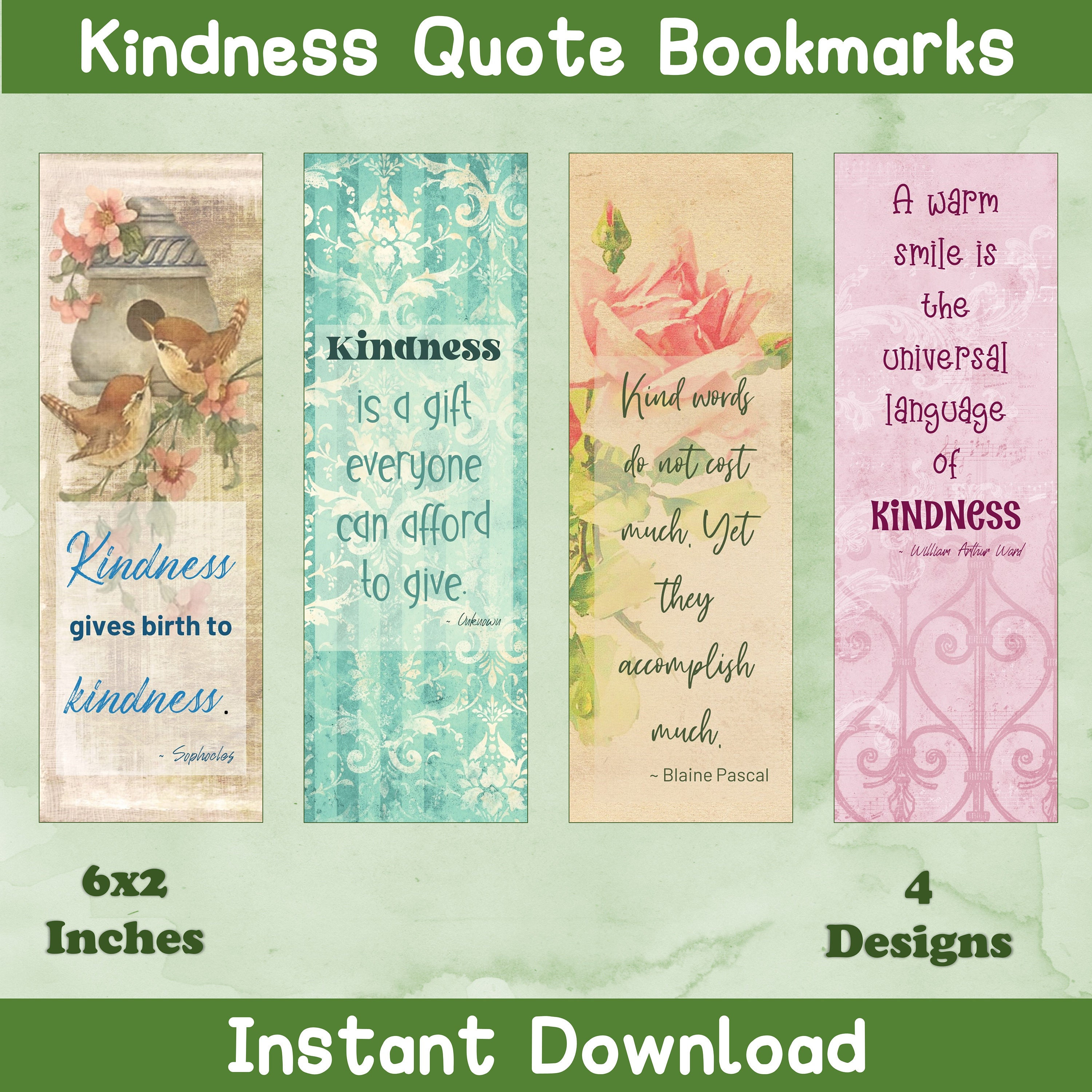 Printable Kindness Quotes Bookmarks Set of 4 Vintage Style Book Lover ...