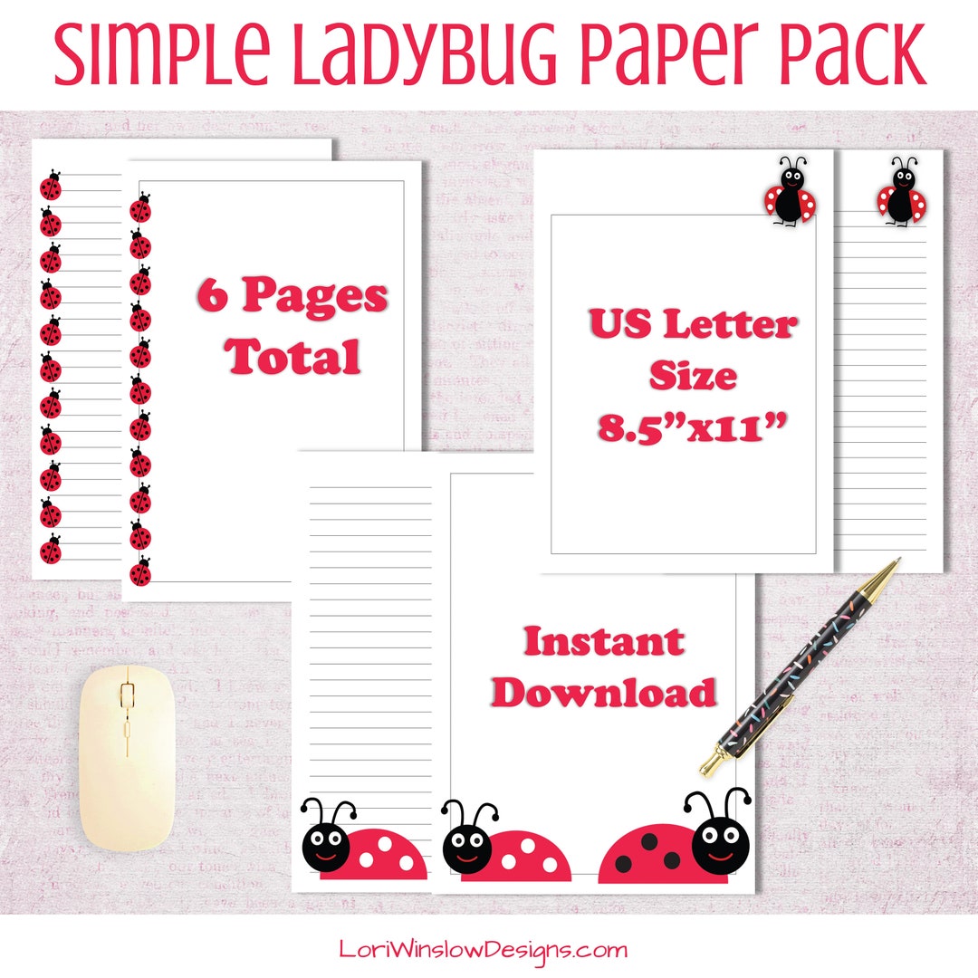 Simple Ladybug Printable Paper Set Stationary and Doodle Paper 3 Lined ...