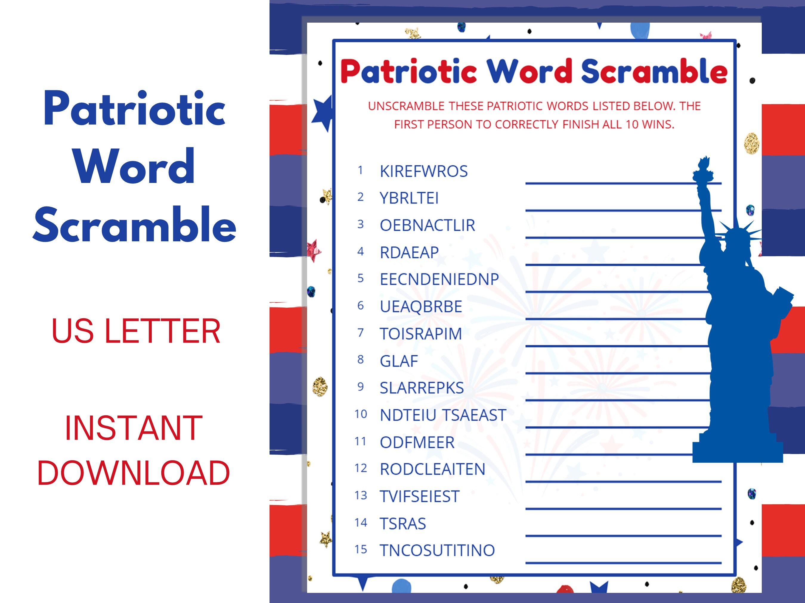 Patriotic Word Scramble Printable Game, Birthday Party, Memorial Day ...
