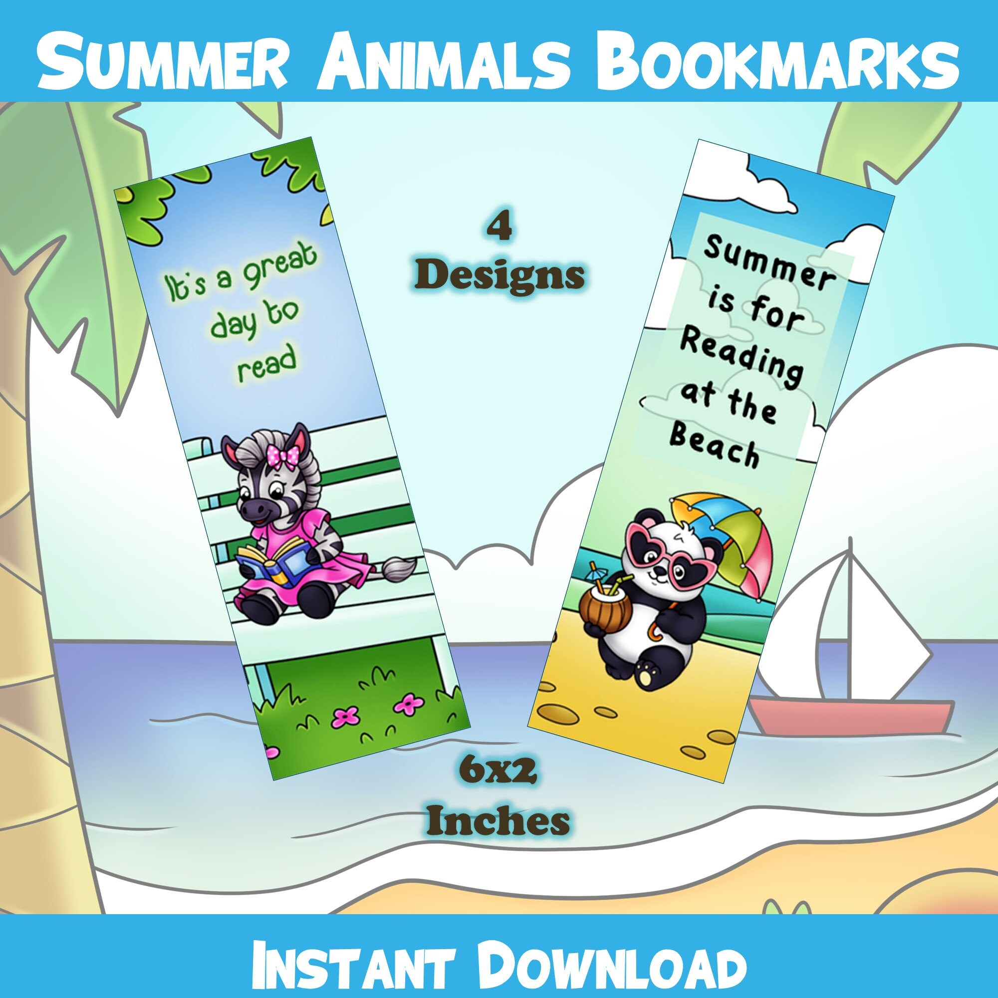 Summer Animal Reading Printable Bookmarks for Kids, Beach Reading ...