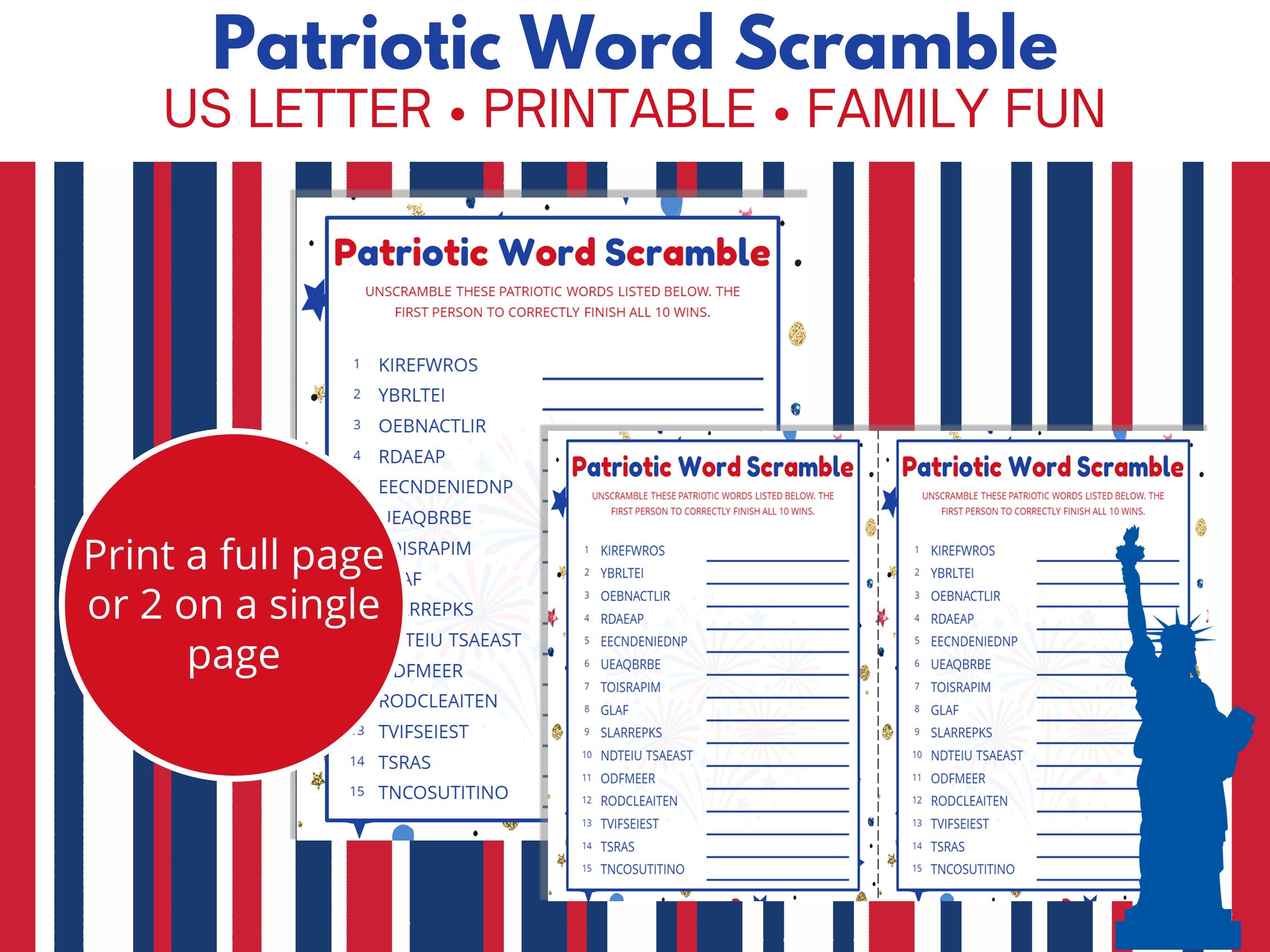 Patriotic Word Scramble Printable Game, Birthday Party, Memorial Day ...