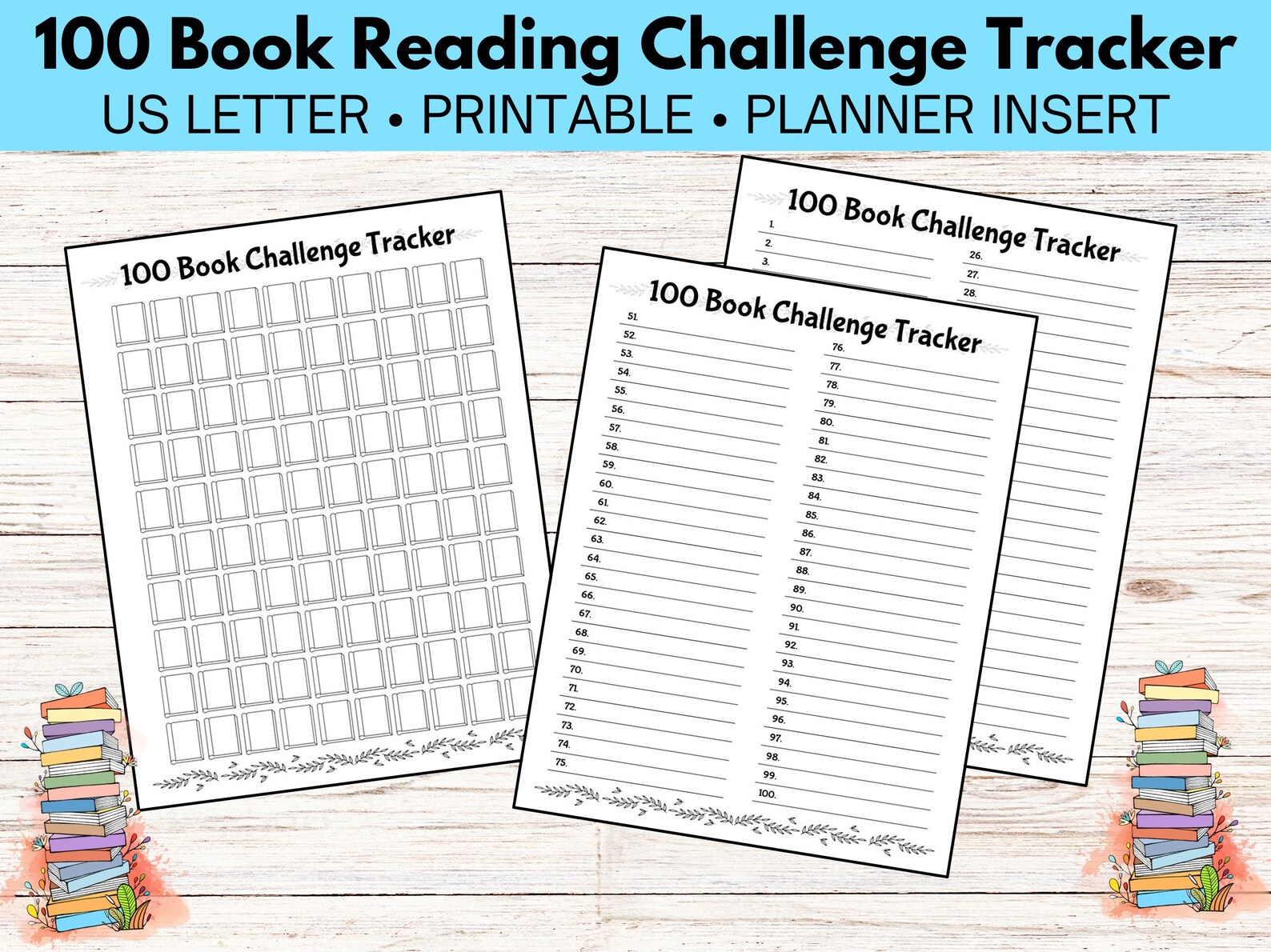 100 Book Reading Challenge Tracker Printable, Book Tracker List, Bonus ...