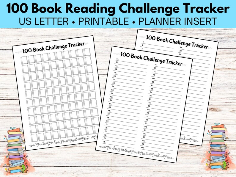 100 Book Reading Challenge Tracker Printable, Book Tracker List, Bonus Alphabet Reading Tracker ...