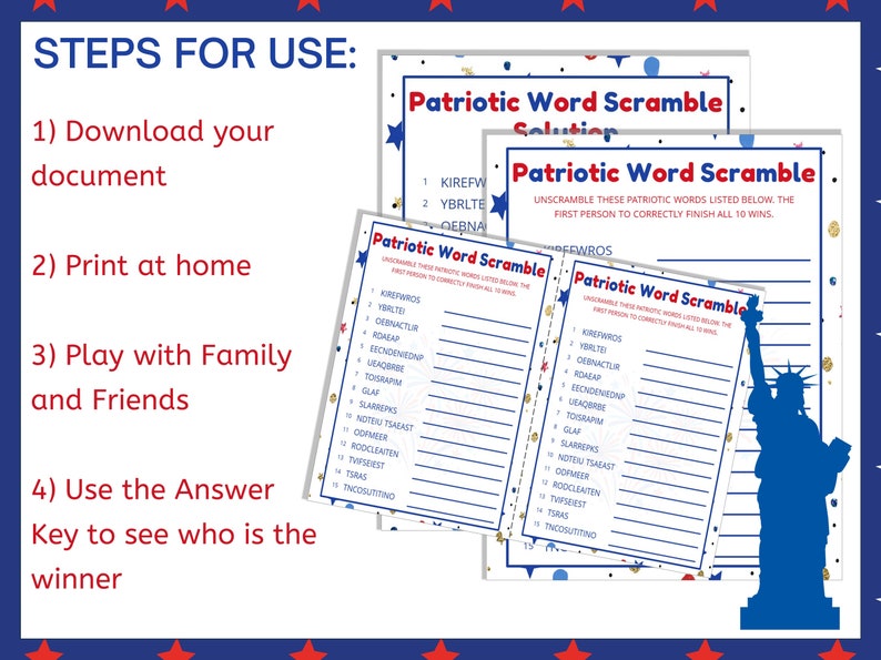 Patriotic Word Scramble Printable Game, Birthday Party, Memorial Day ...