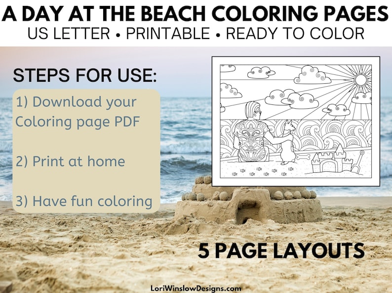 A Day at the Beach Coloring Pages for Adults and Older Kids, Beach ...