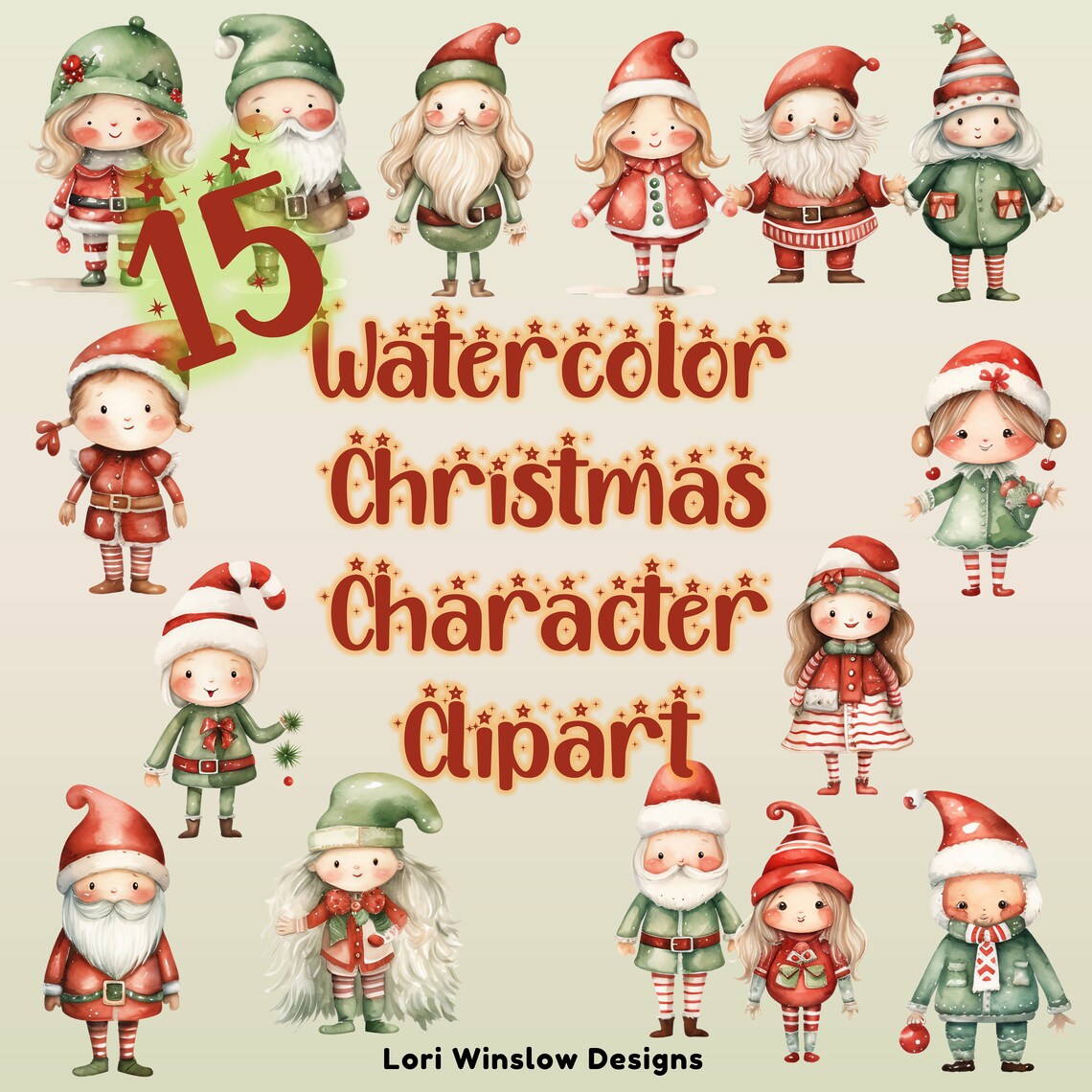 Watercolor Christmas Character Clip Art Pack, Great for Cardmaking ...
