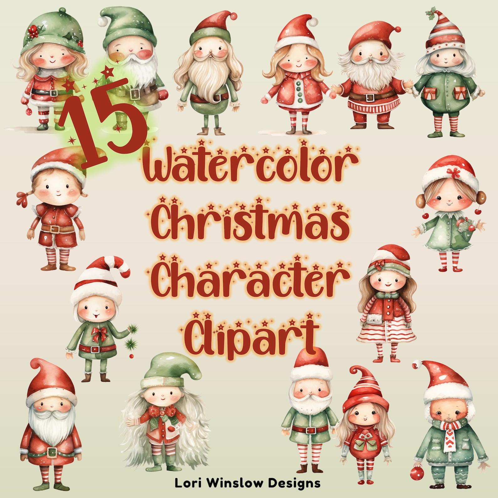 Watercolor Christmas Character Clip Art Pack, Great for Cardmaking ...
