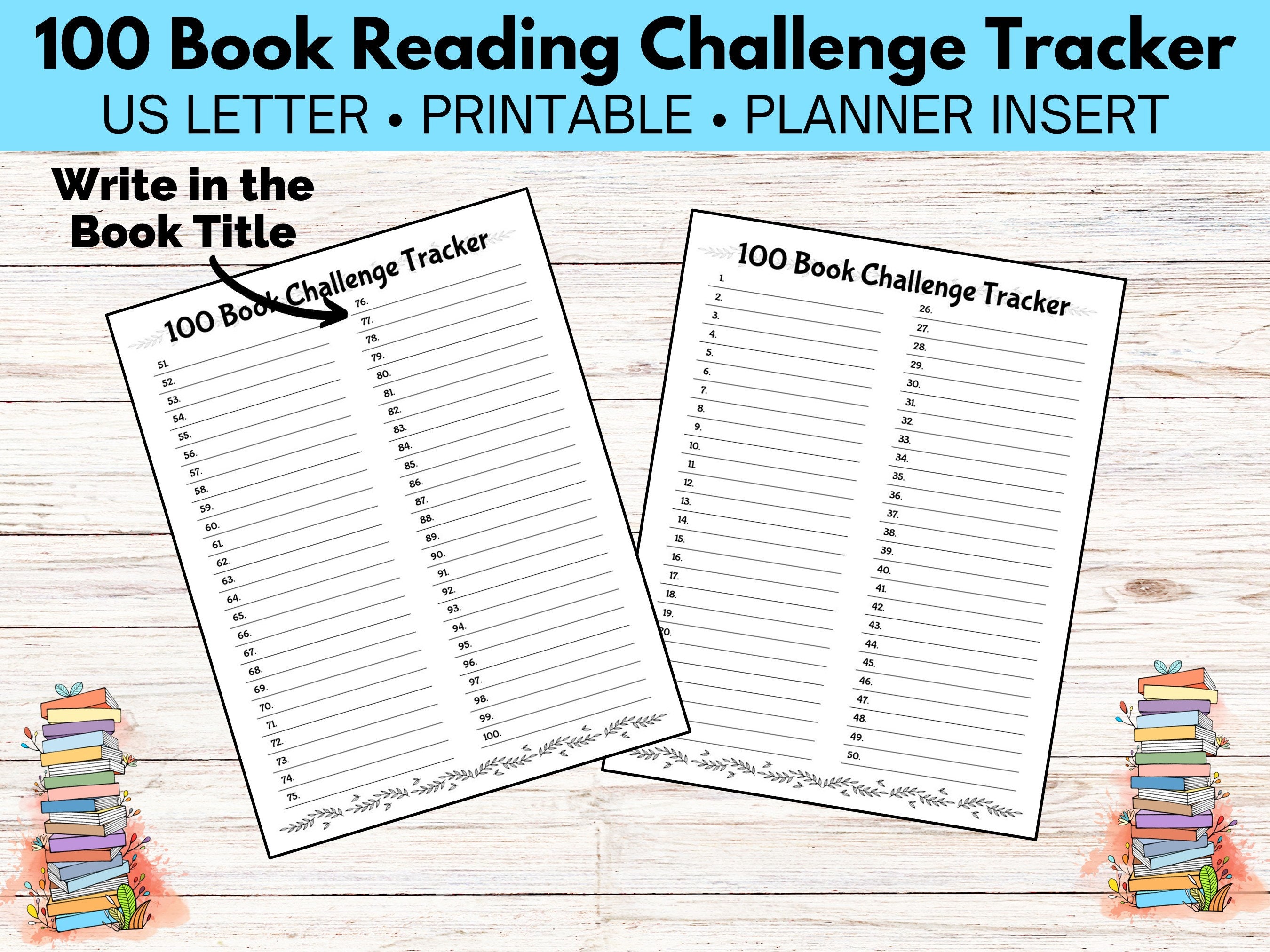 100 Book Reading Challenge Tracker Printable, Book Tracker List, Bonus Alphabet Reading Tracker ...