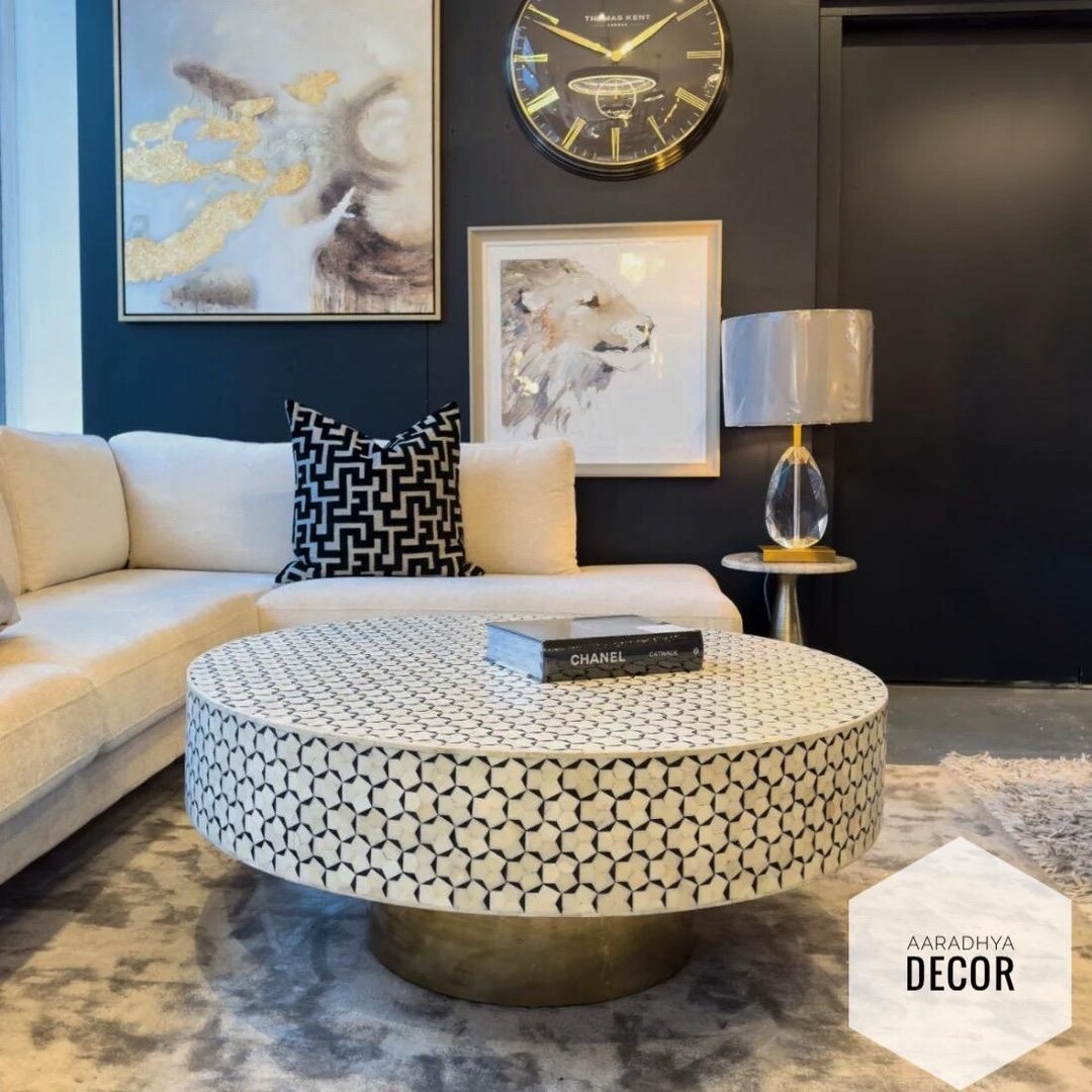 Round Bone Inlay Cocktail Table/handmade Bone Inlay Coffee Table/center ...