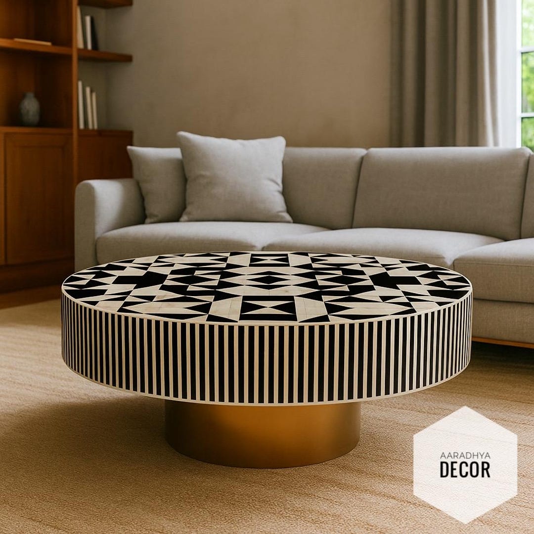 Round Bone Inlay Cocktail Table/handmade Bone Inlay Coffee Table/center ...