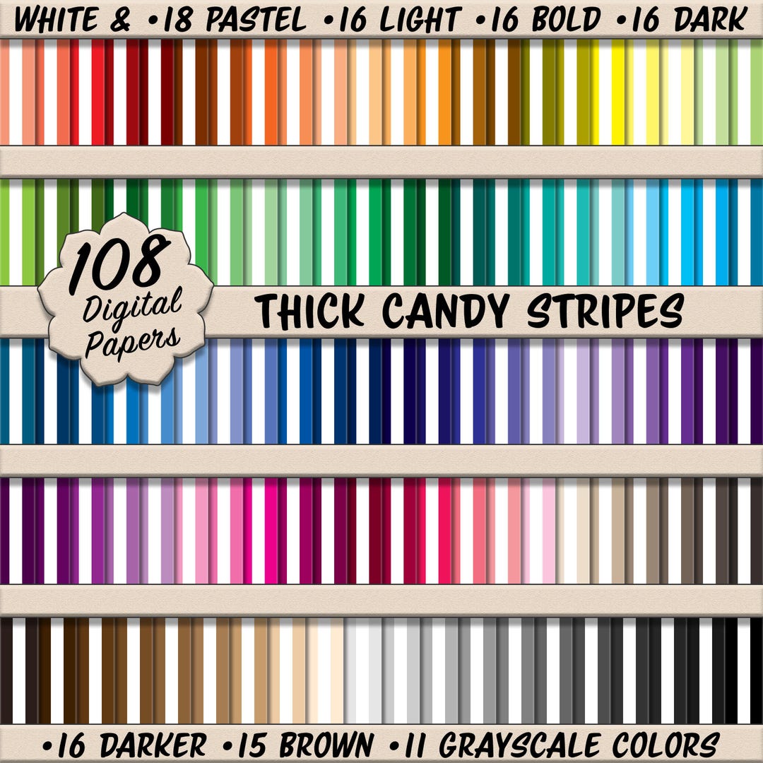 Thick Candy Stripes Digital Paper Pack (1 Inch) – 108 Seamless White ...