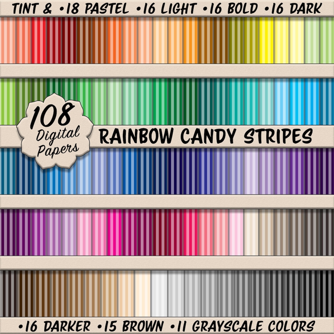 Tinted Rainbow Candy Stripes Digital Paper Pack (medium) – 108 Seamless ...