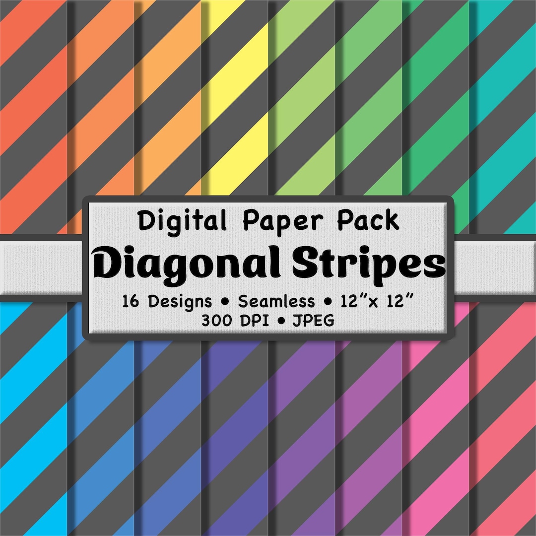 Thick Rainbow and Gray Diagonal Stripes Digital Paper Pack (large) – 16 ...