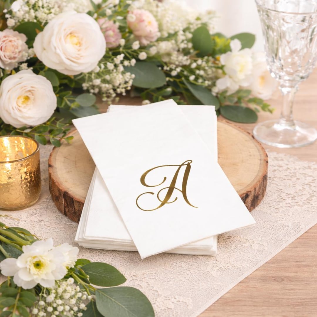 100-pack Paper Dinner Napkins White With Gold Foil Monogram - Etsy