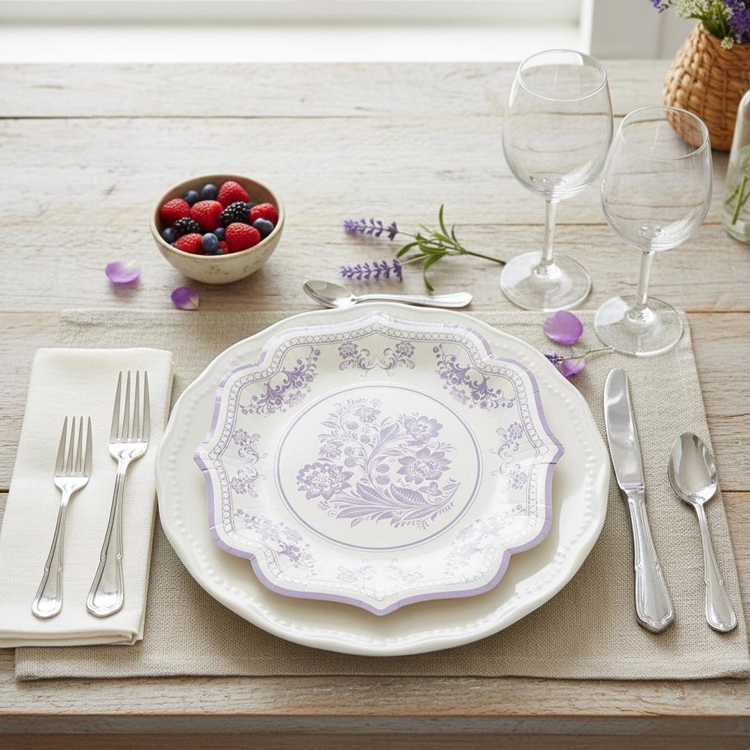 Lavender Floral Paper Plates - Set of 25, Damask Scallop Rim - Etsy