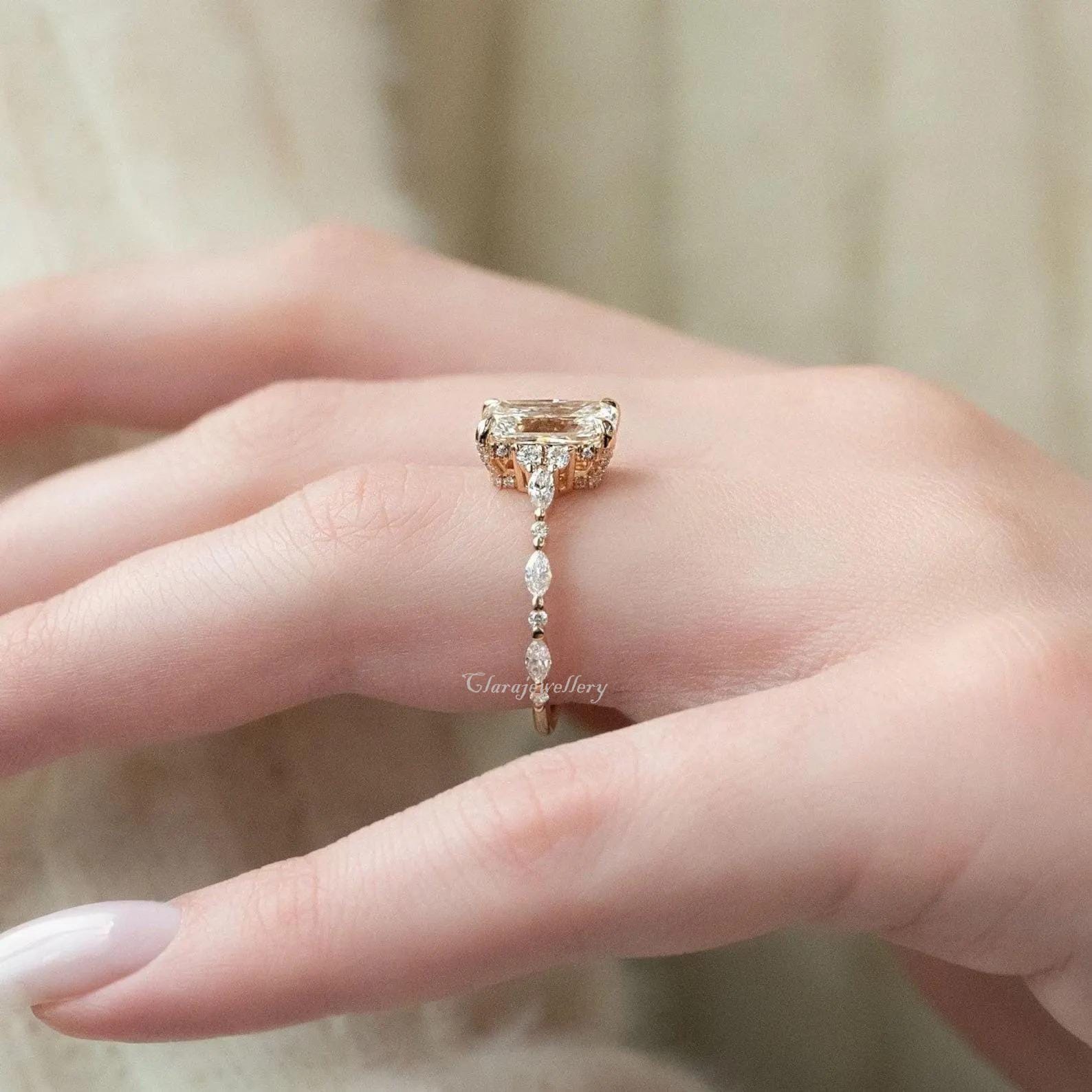 3 Ct Radiant Moissanite Cluster Ring, 14K Gold Vintage Engagement Ring ...