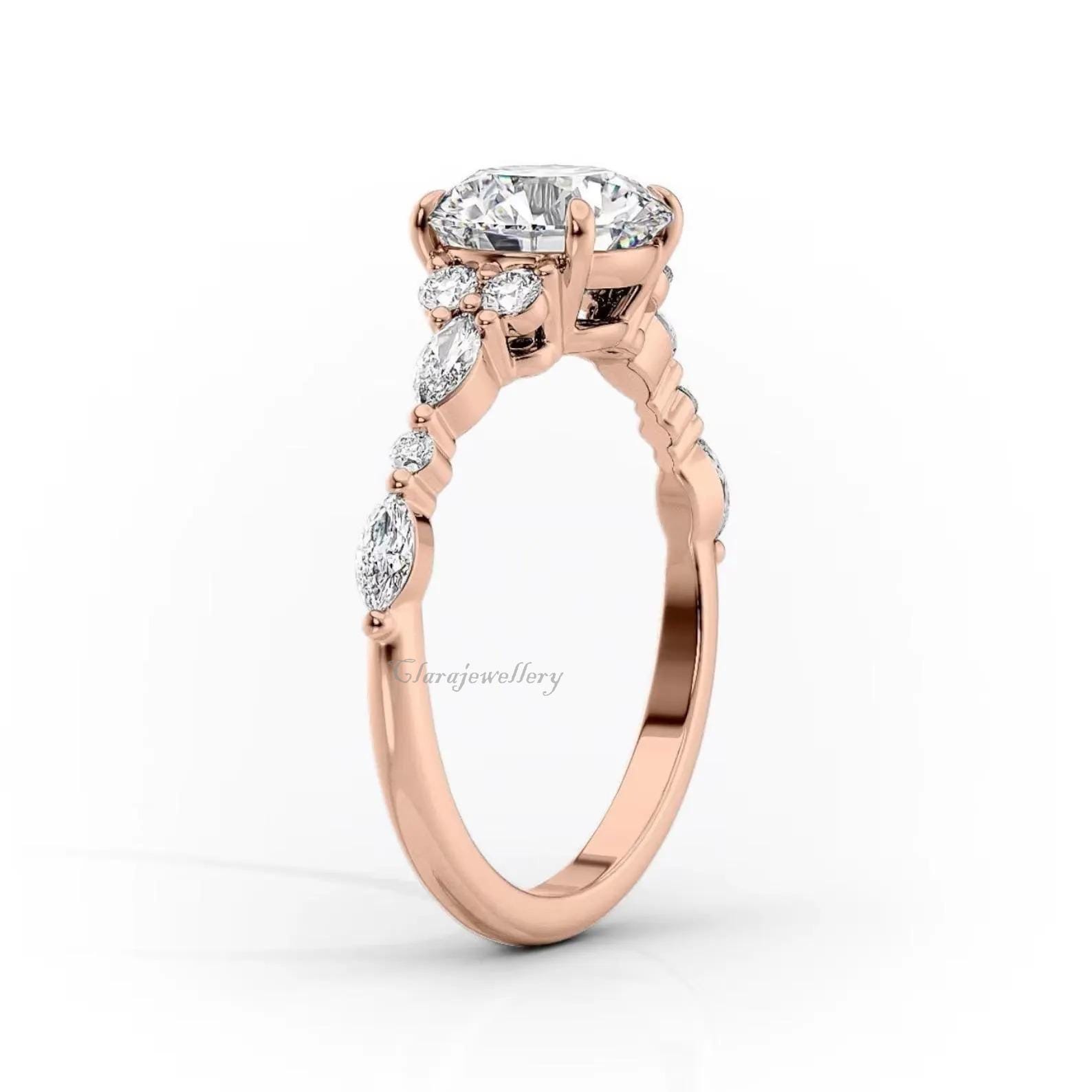3 Ct Radiant Moissanite Cluster Ring, 14K Gold Vintage Engagement Ring ...