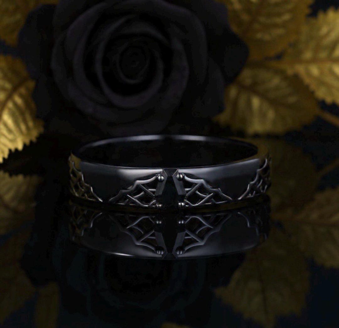 Unique Spider Web Coffin Black Onyx Wedding Ring for Men & Women Gothic ...