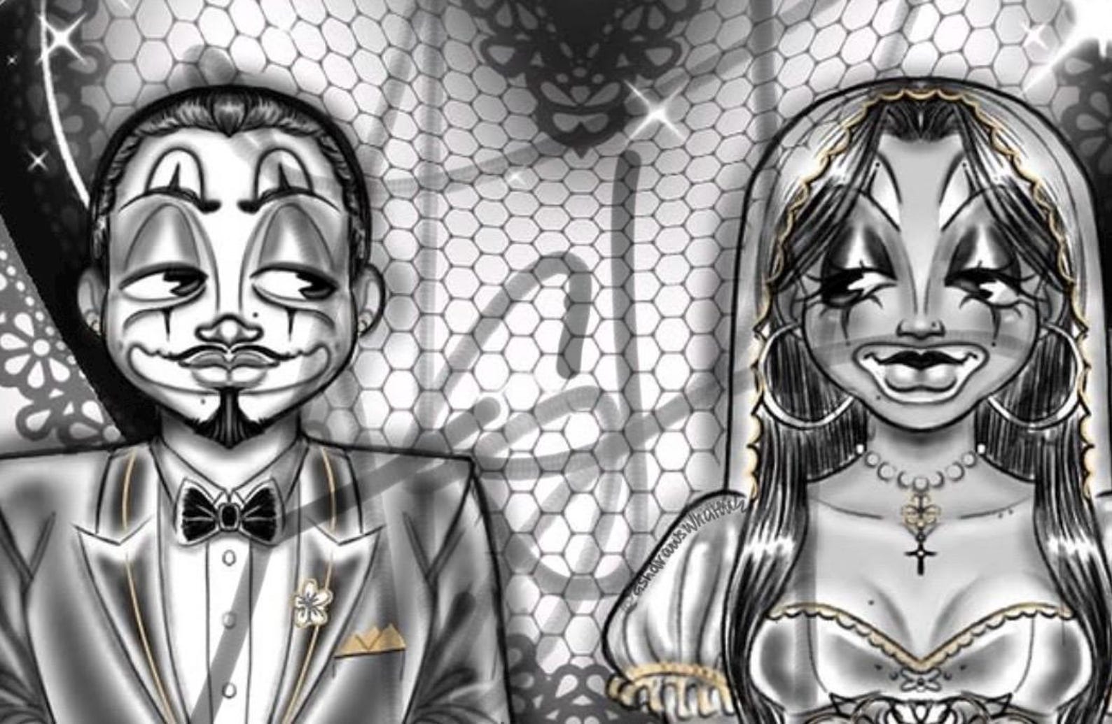 Digitally Hand Drawn, Cute Chicano Old School Couple Wedding Card (ver ...