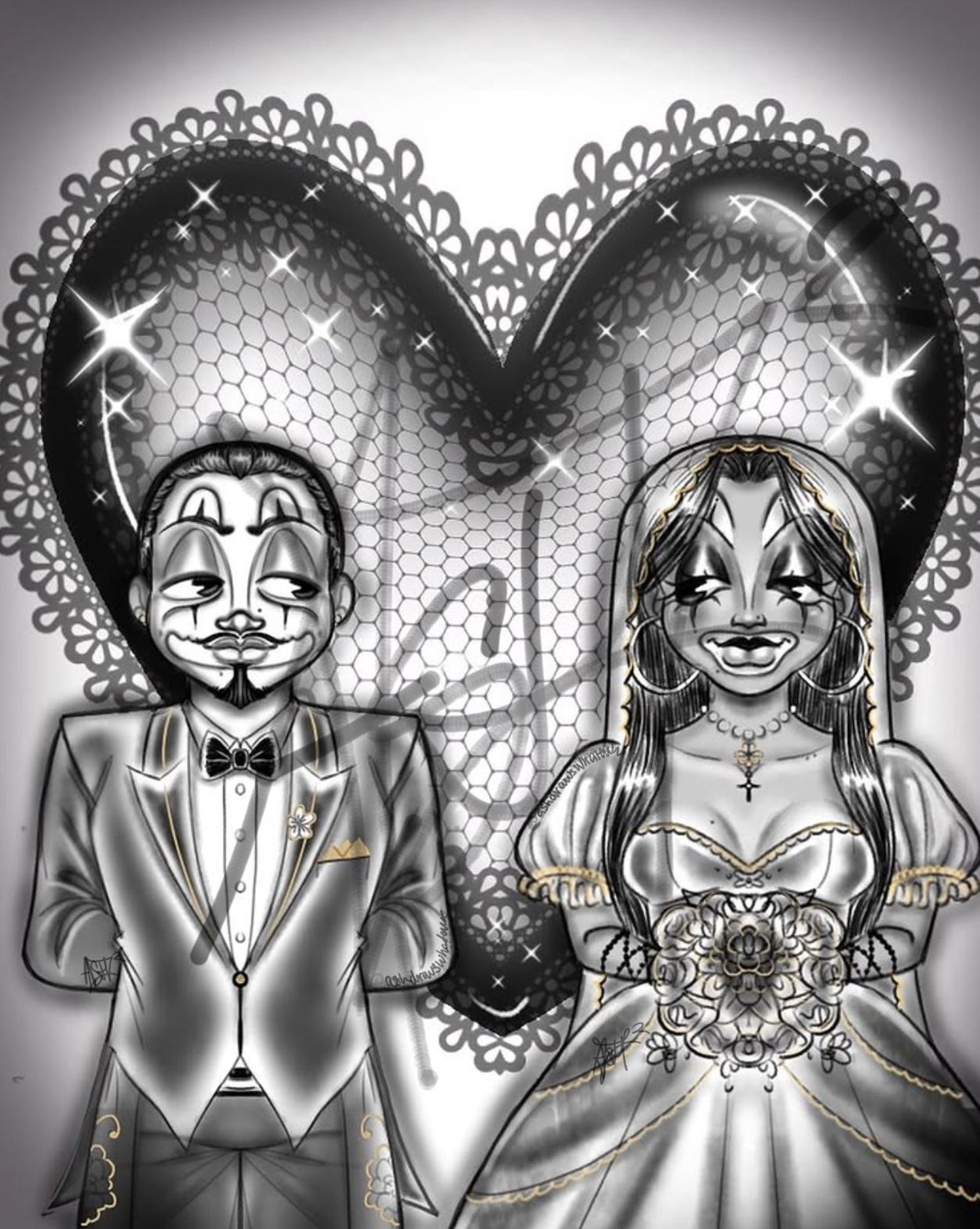 Digitally Hand Drawn, Cute Chicano Old School Couple Wedding Card (ver ...
