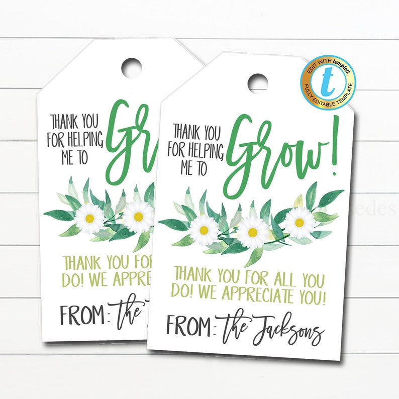 Floral Appreciation Gift Tags Thank You for Helping Me Grow | Etsy