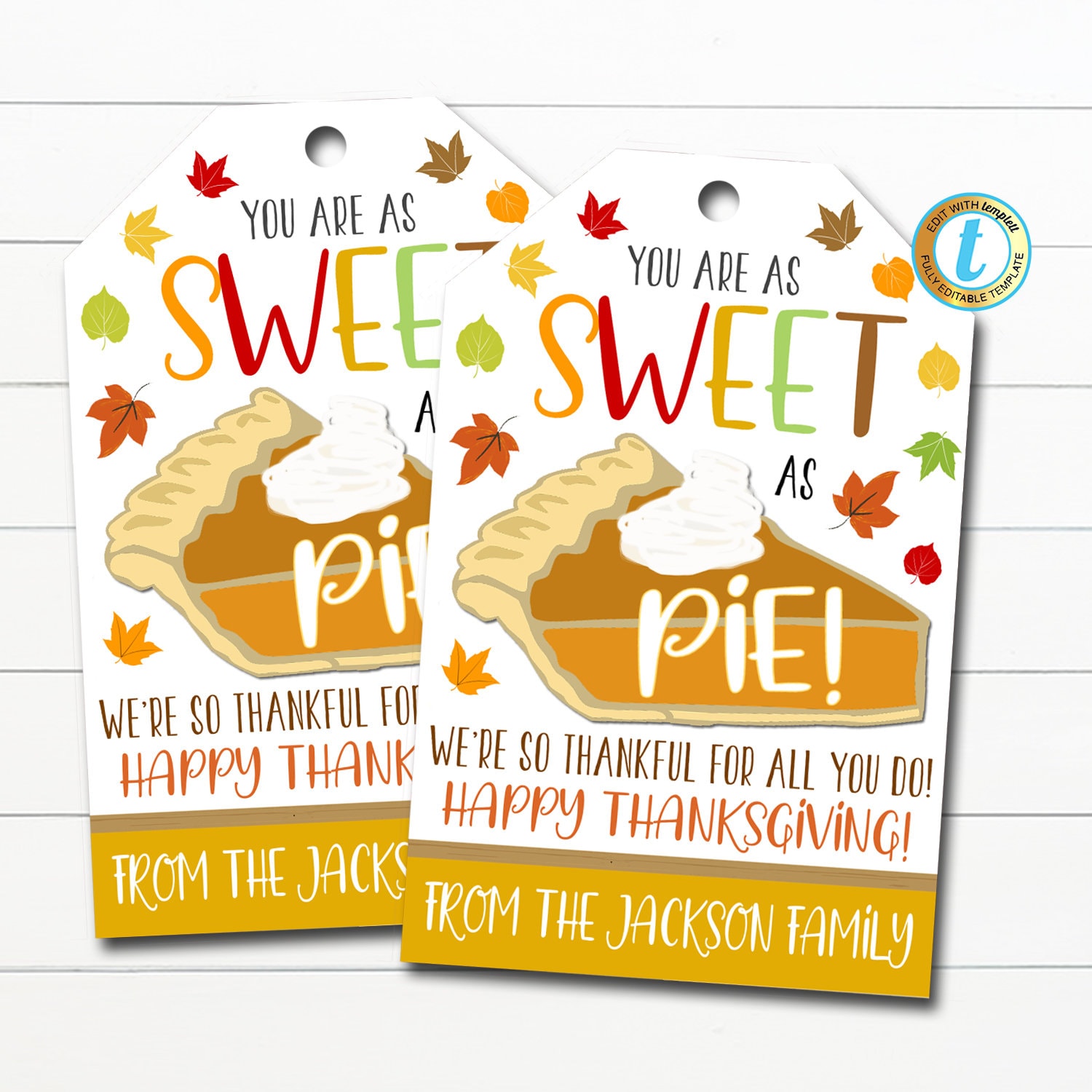 Thanksgiving Gift Tags Grateful for You Pumpkin Pie Label - Etsy